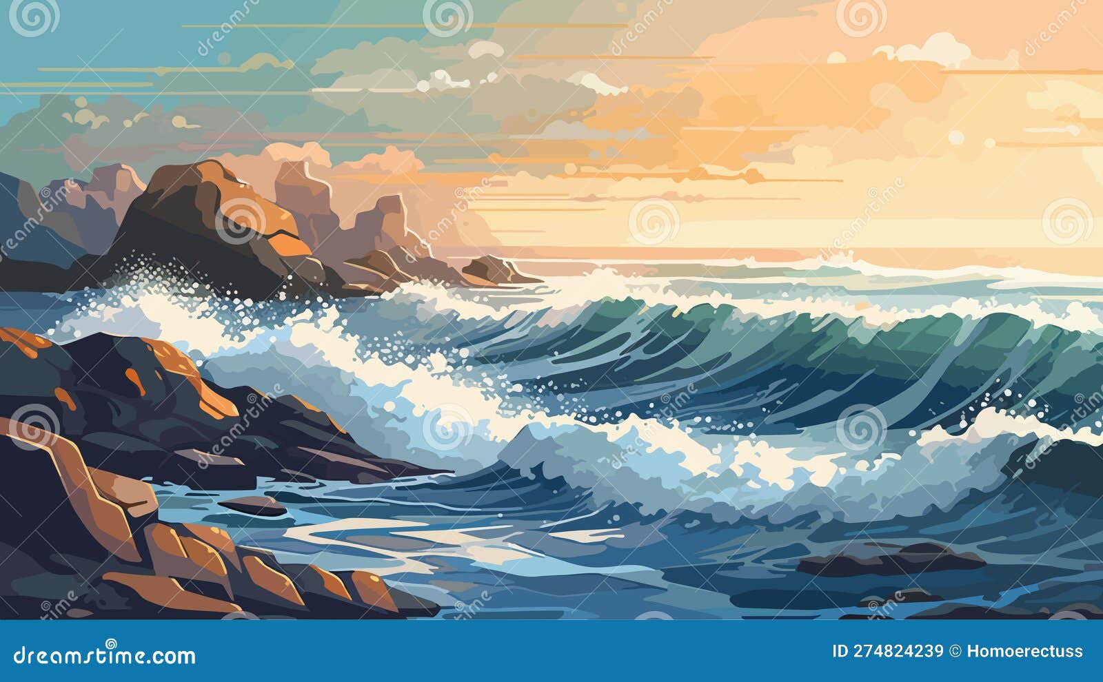 Panoramic Beach View. Vector Illustration Of Ocean Or Sea Waves. Hand ...