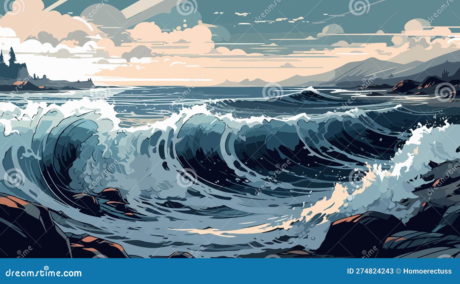 Panoramic Beach View. Vector Illustration Of Ocean Or Sea Waves. Hand ...
