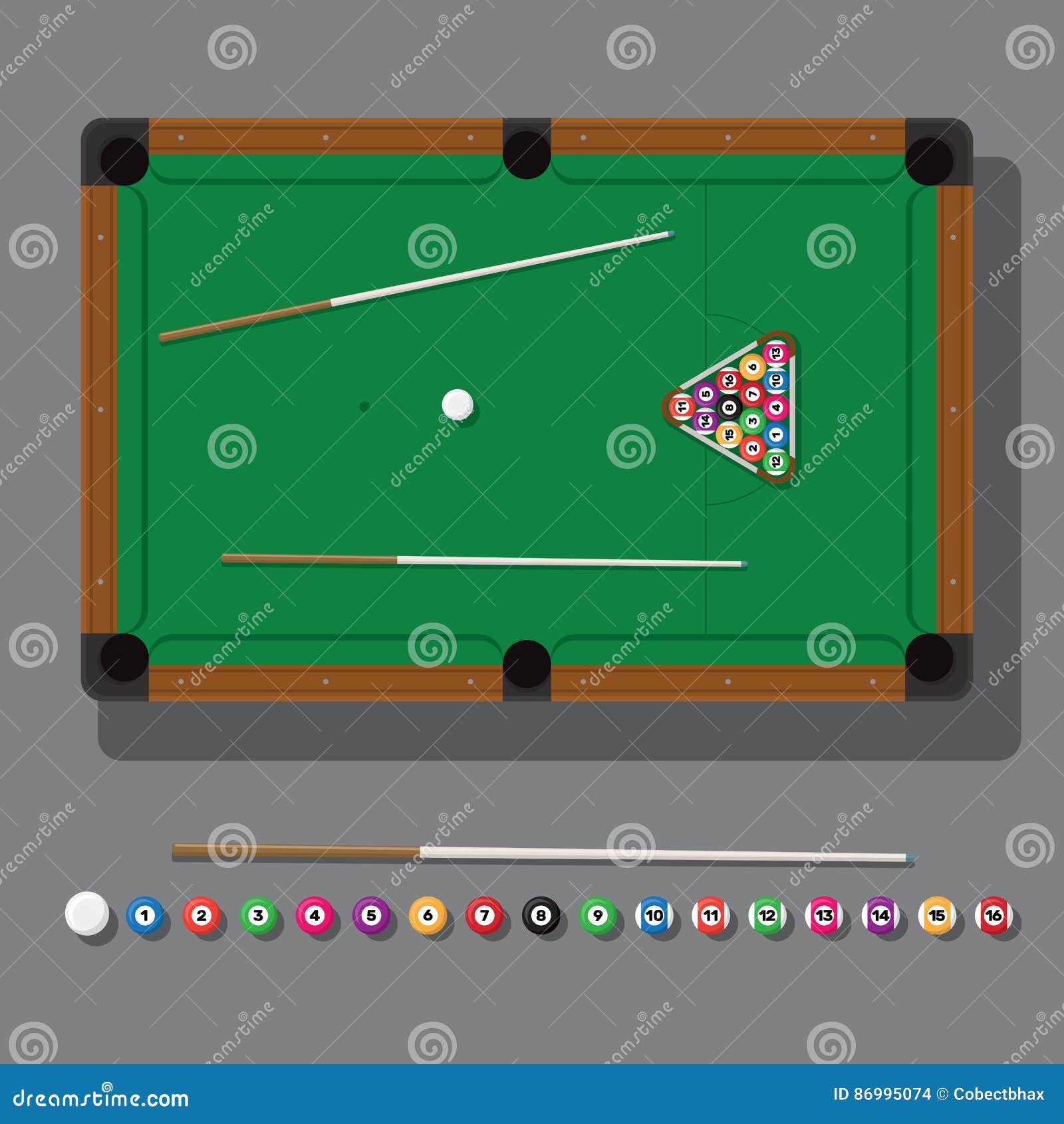 Vector Illustration of a Billiard Table with Green Cloth, Balls and Cue ...