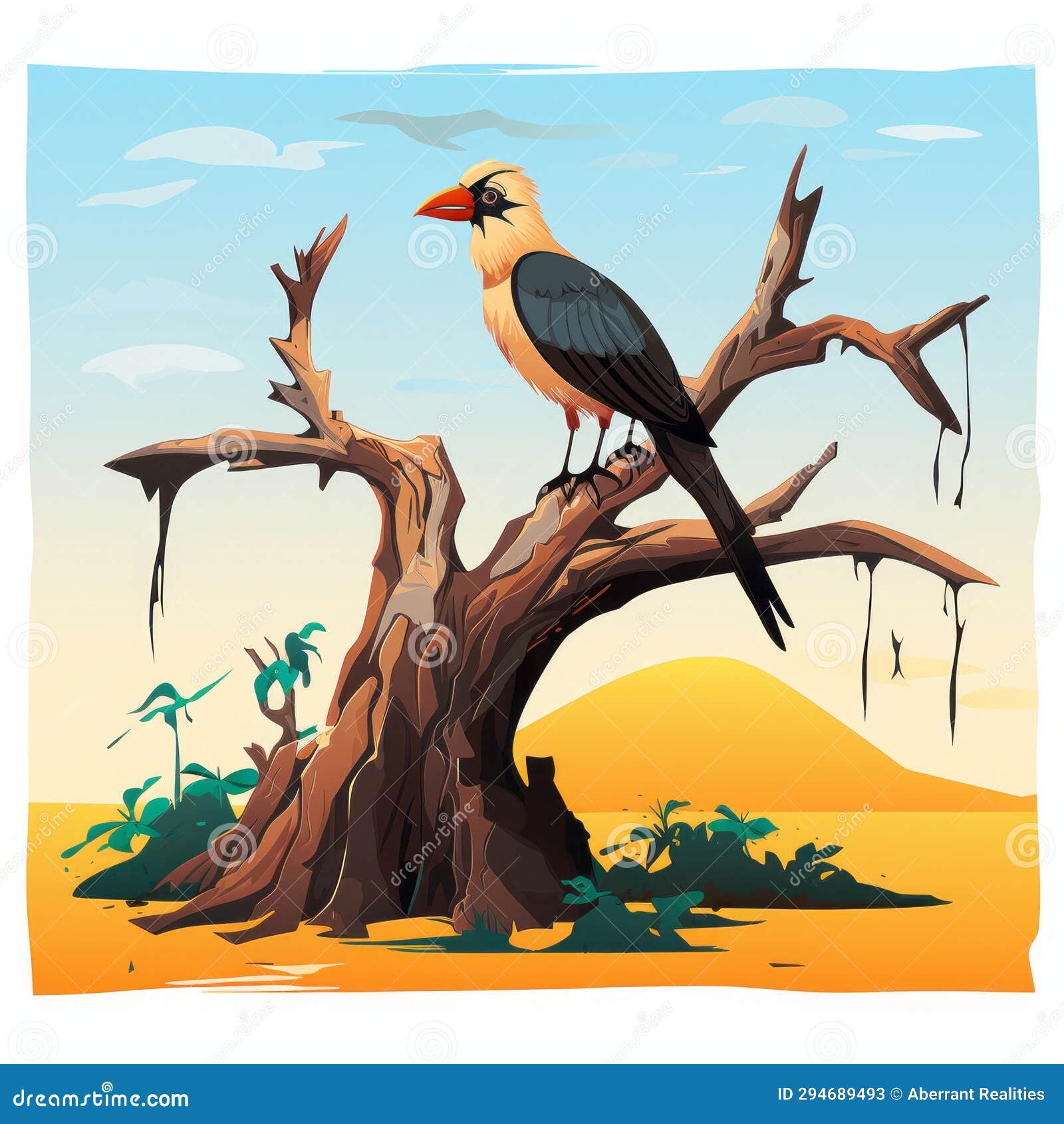 Vector Illustration of a Bird Sitting on a Dead Tree Stock Illustration ...