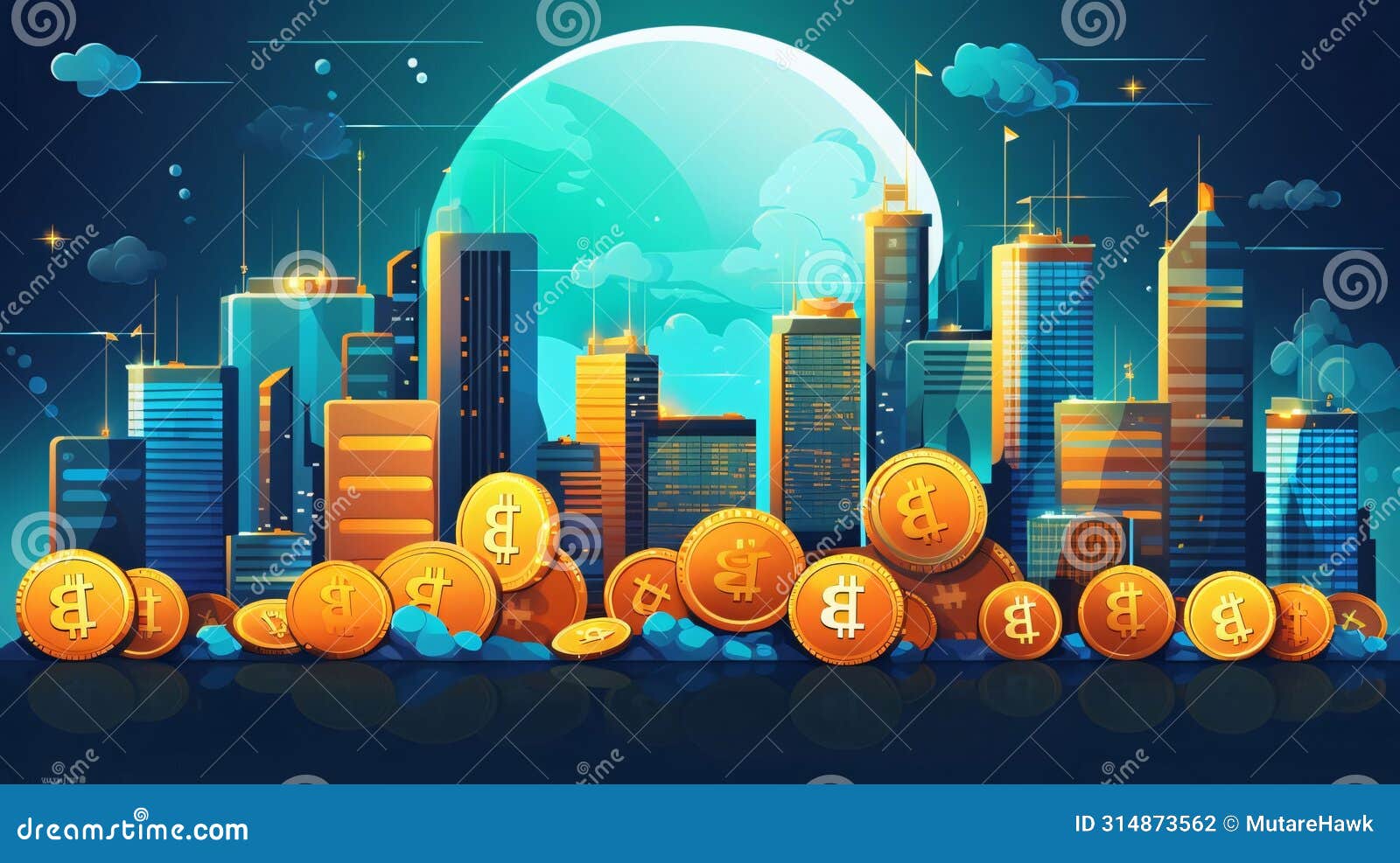Vector Illustration of Bitcoin Coin and City Background. Cryptocurrency ...