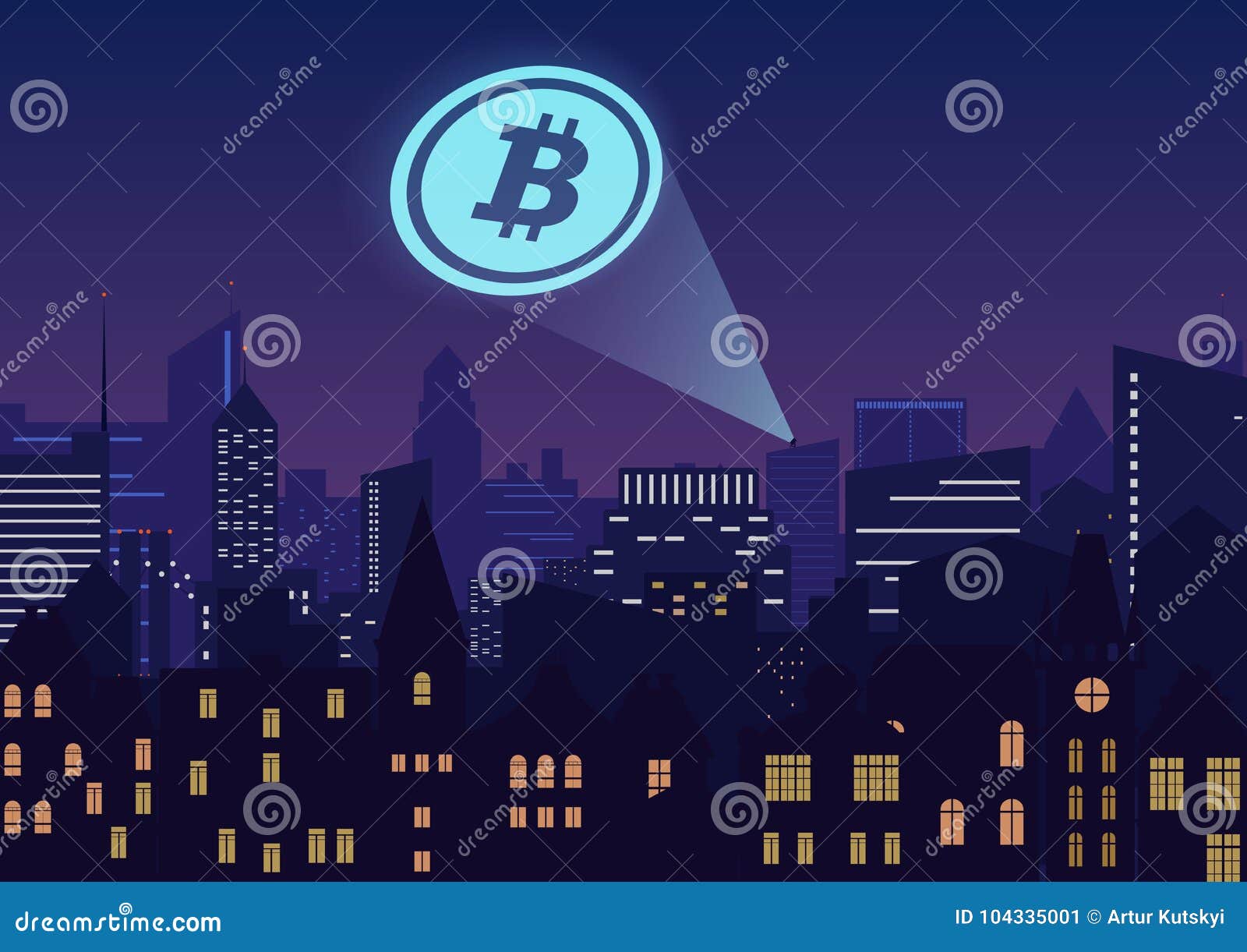 Vector Illustration of Bitcoin Cryptocurrency Projector in City at ...