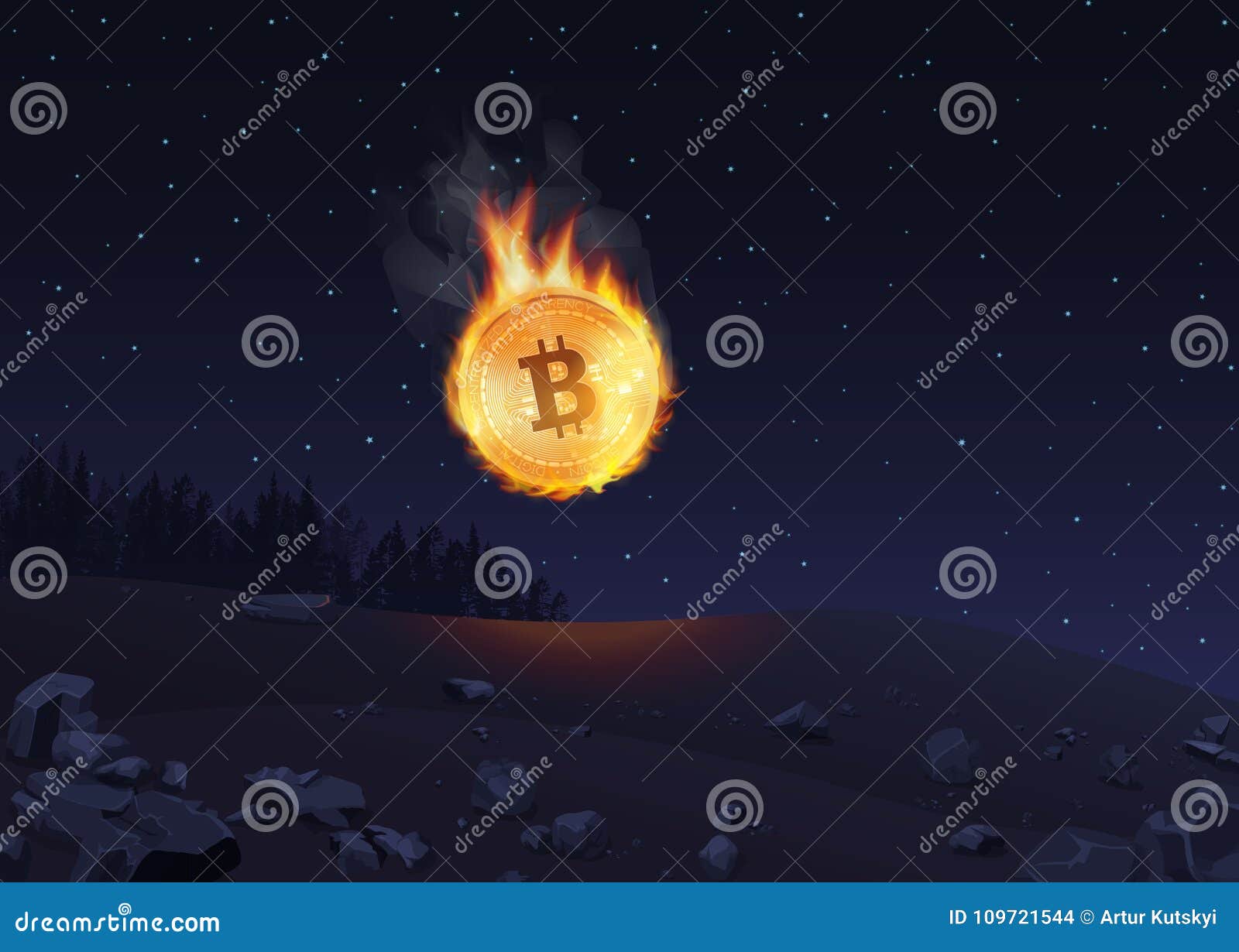 Vector Illustration of Bitcoin in Fire Falling To the Ground at Night ...