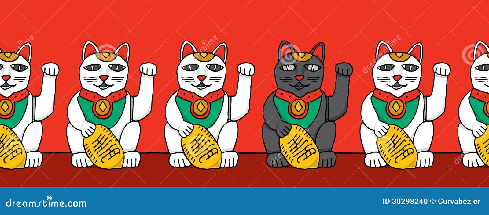 Black Cat among White Fortune Cats Stock Vector - Illustration of ...