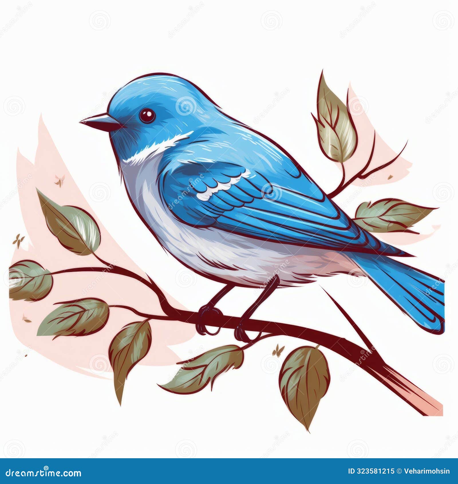 Vector Illustration of a Blue Bird Sitting on a Branch with Leaves ...
