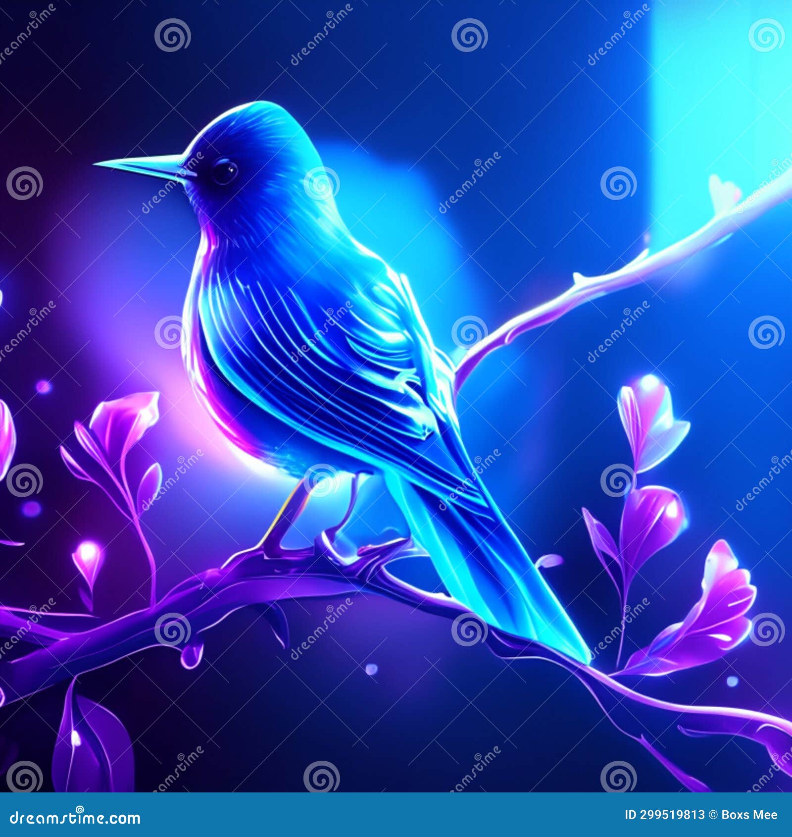 Vector Illustration of a Blue Bird Sitting on a Branch in Neon Light ...