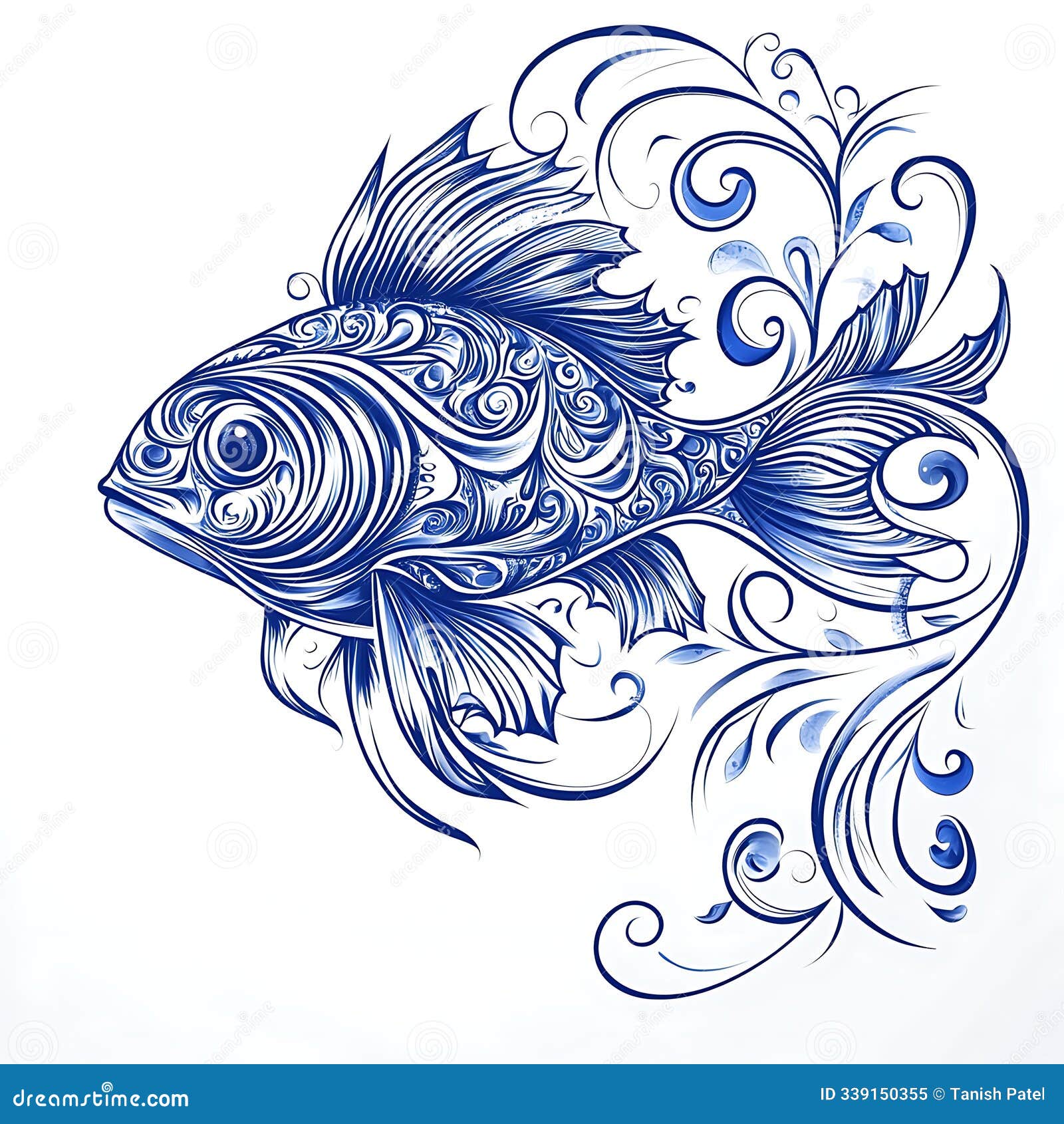 Vector Illustration of a Blue Fish with Intricate Swirls and Patterns ...