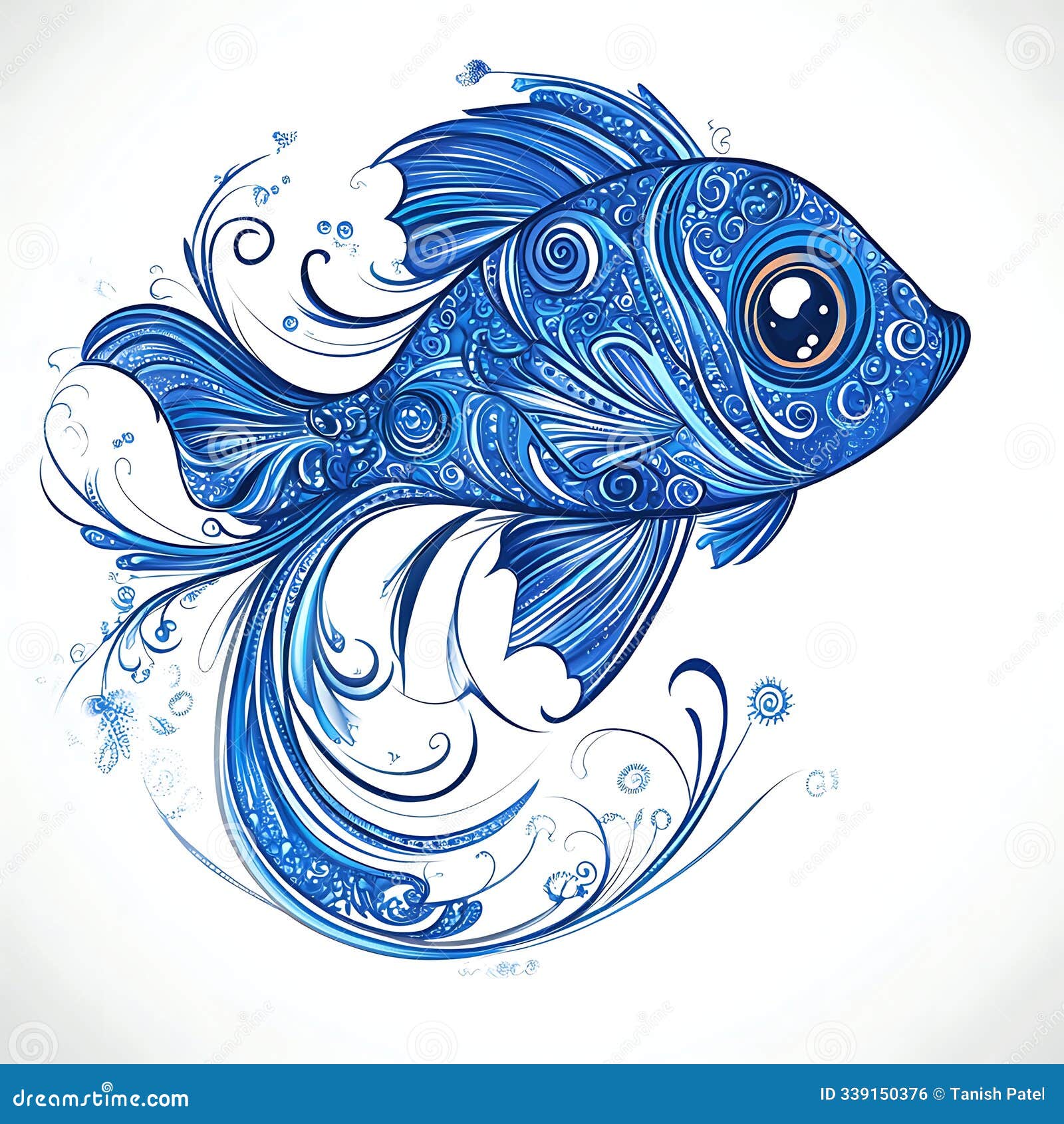 Vector Illustration of a Blue Fish with Intricate Swirls and Patterns ...