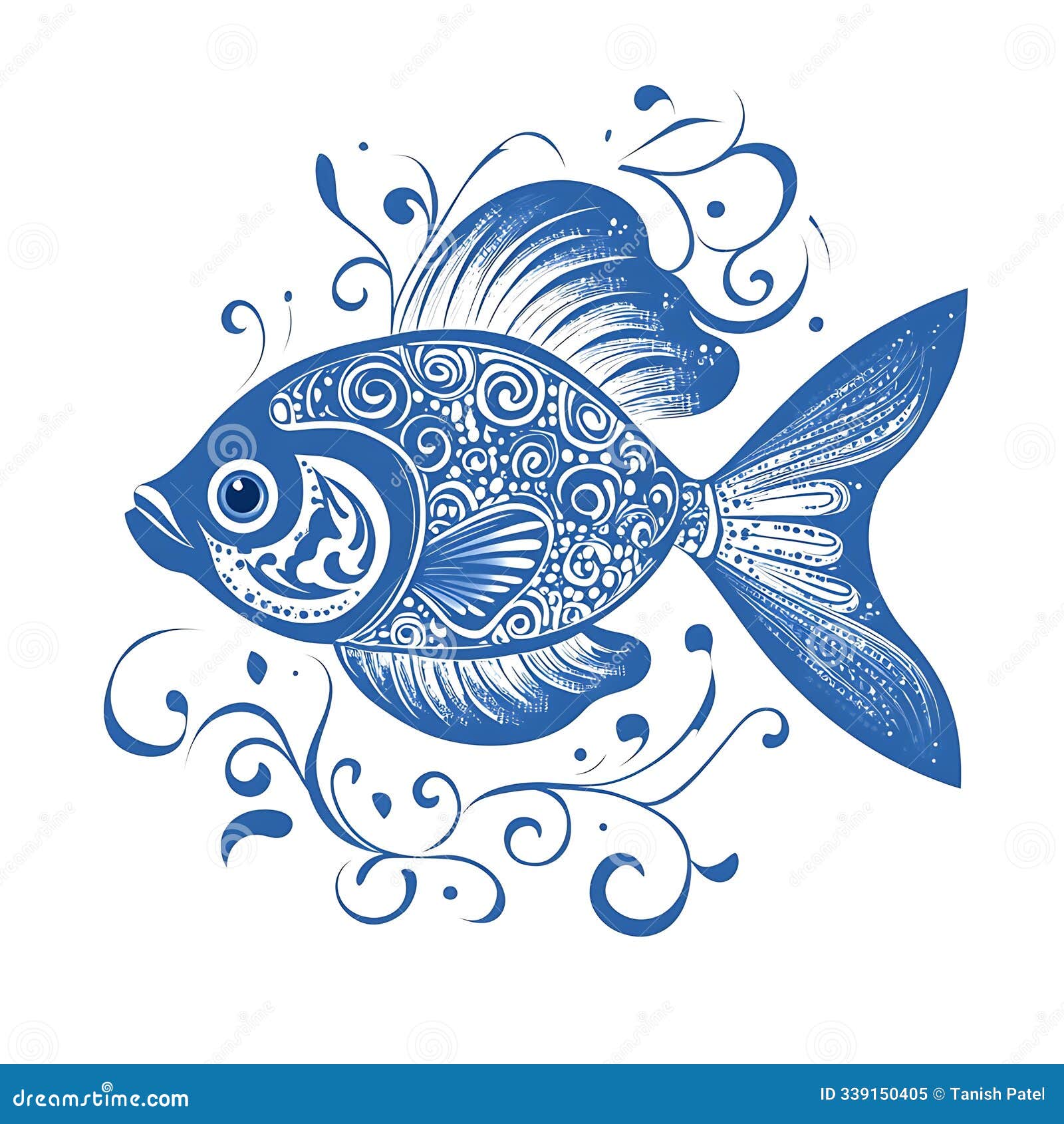 Vector Illustration of a Blue Fish with Intricate Swirls and Patterns ...
