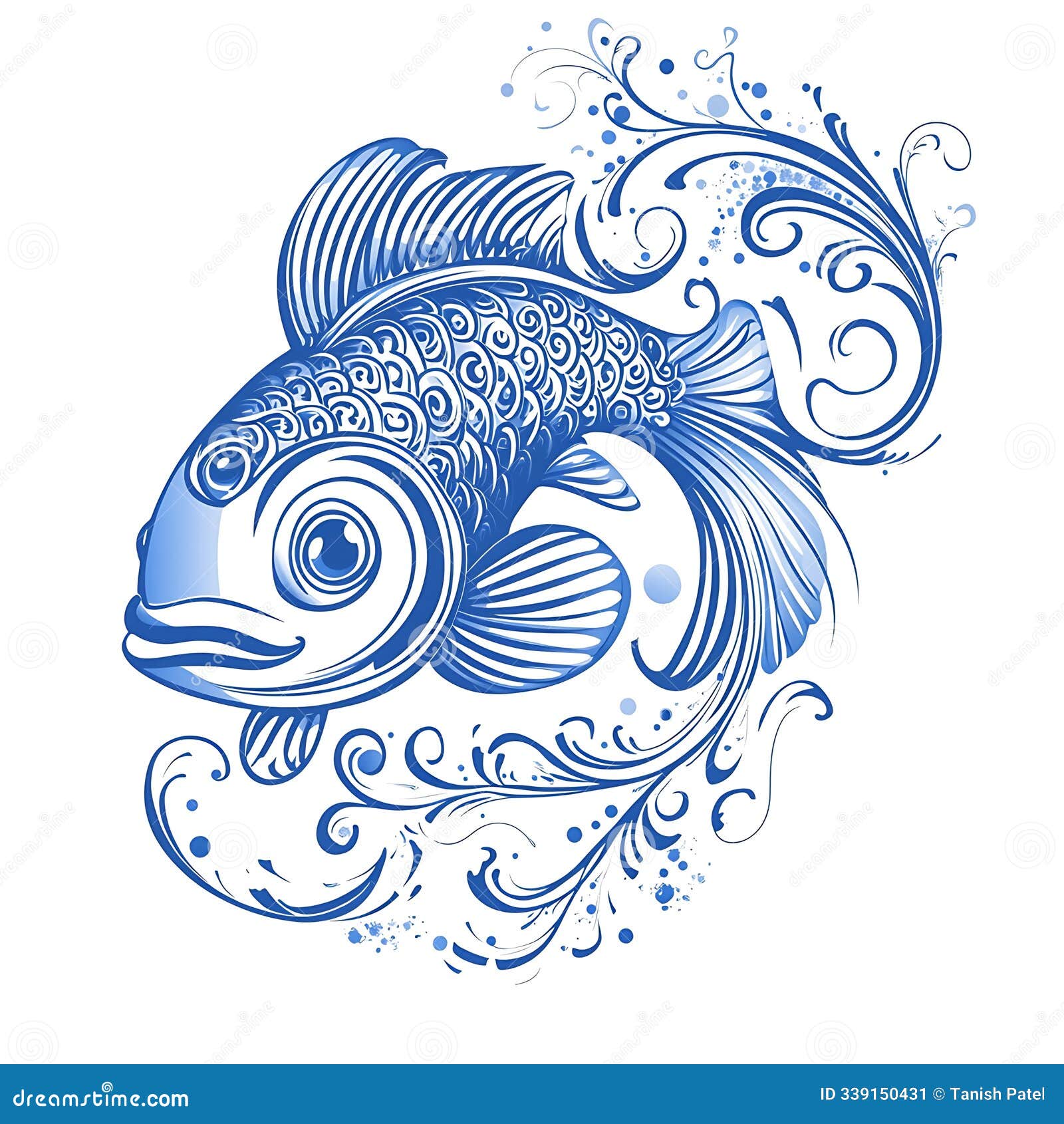 Vector Illustration of a Blue Fish with Intricate Swirls and Patterns ...