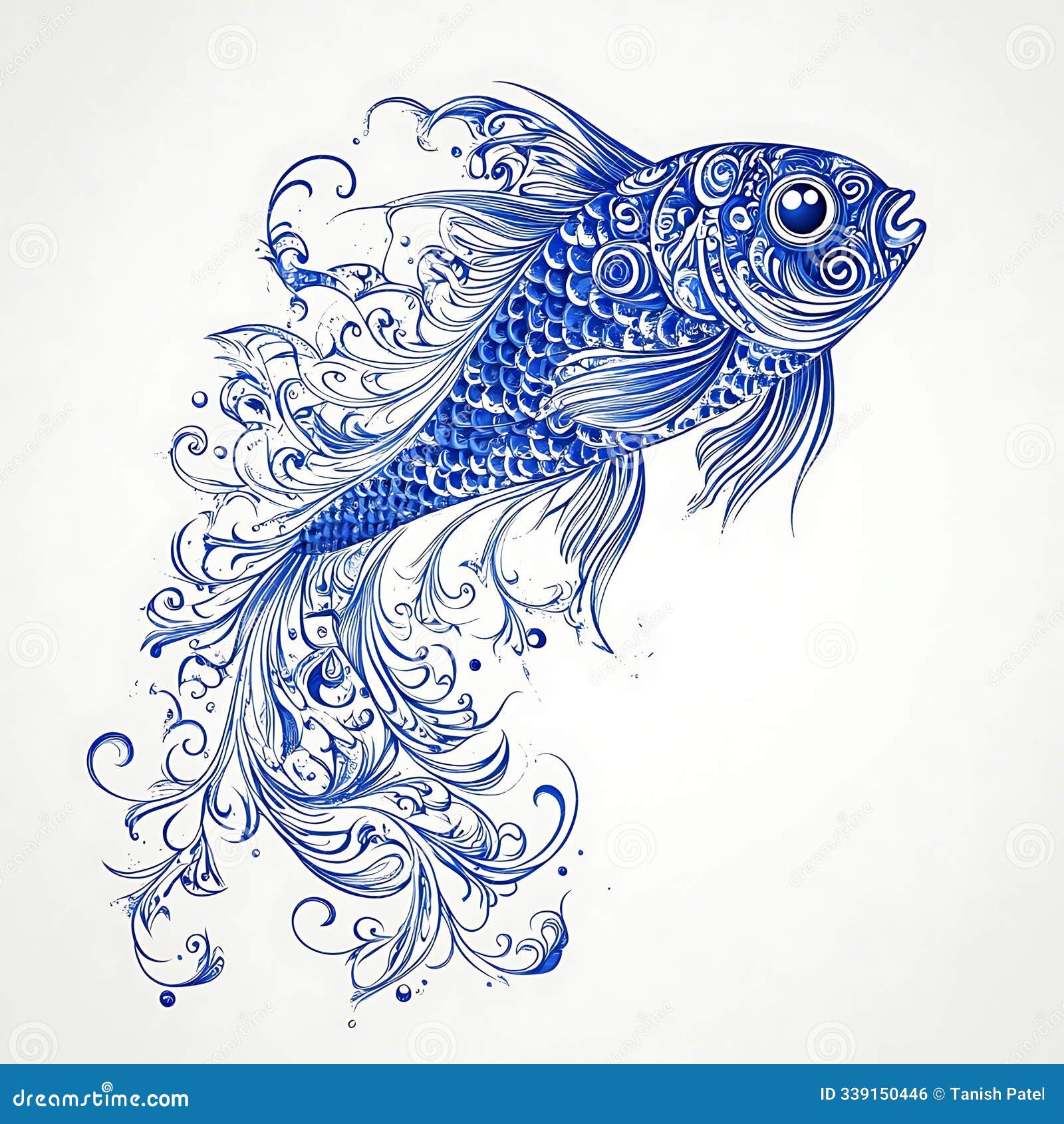 Vector Illustration of a Blue Fish with Intricate Swirls and Patterns ...
