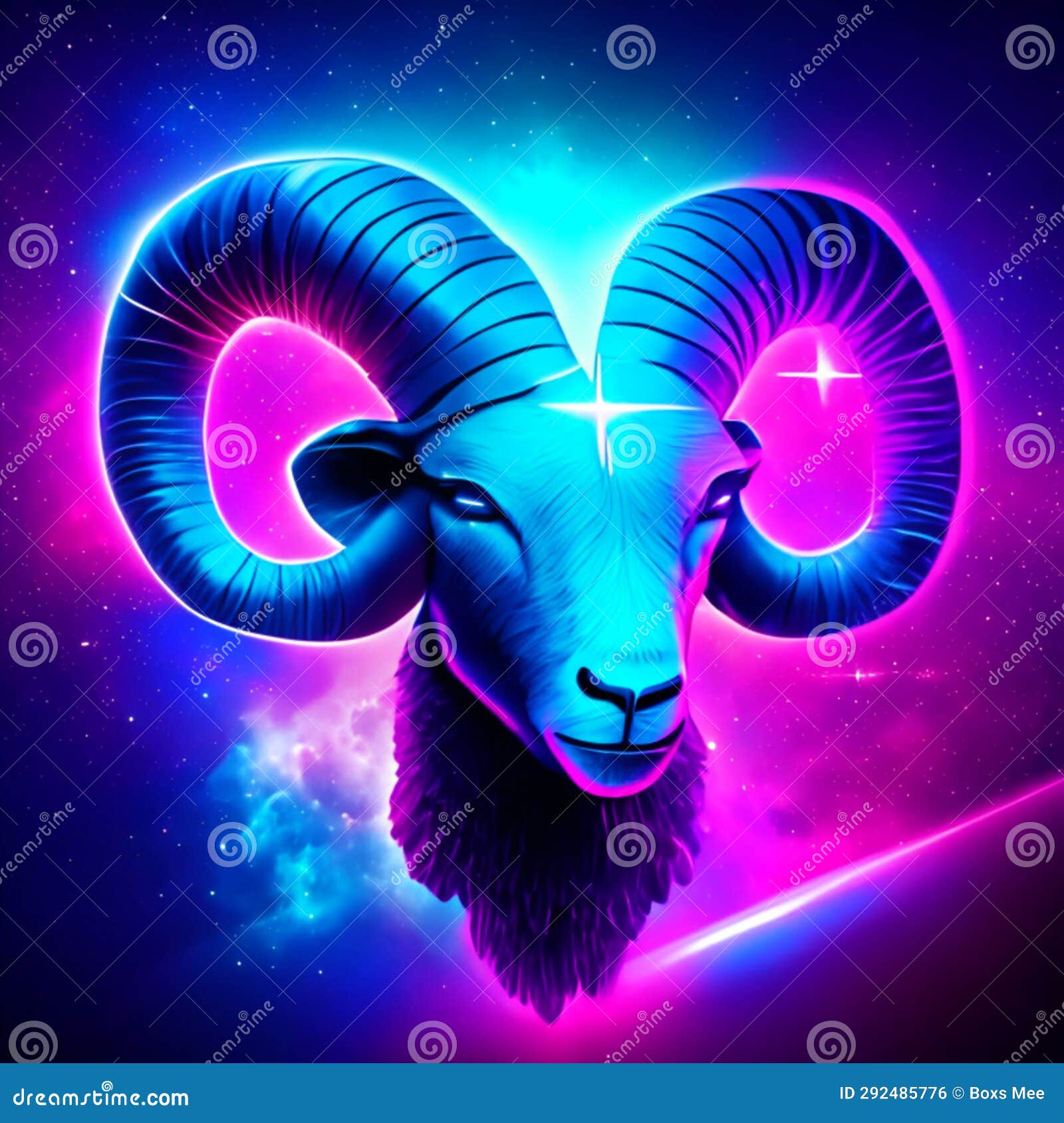 Vector Illustration of a Blue Ram on a Cosmic Background with Neon ...