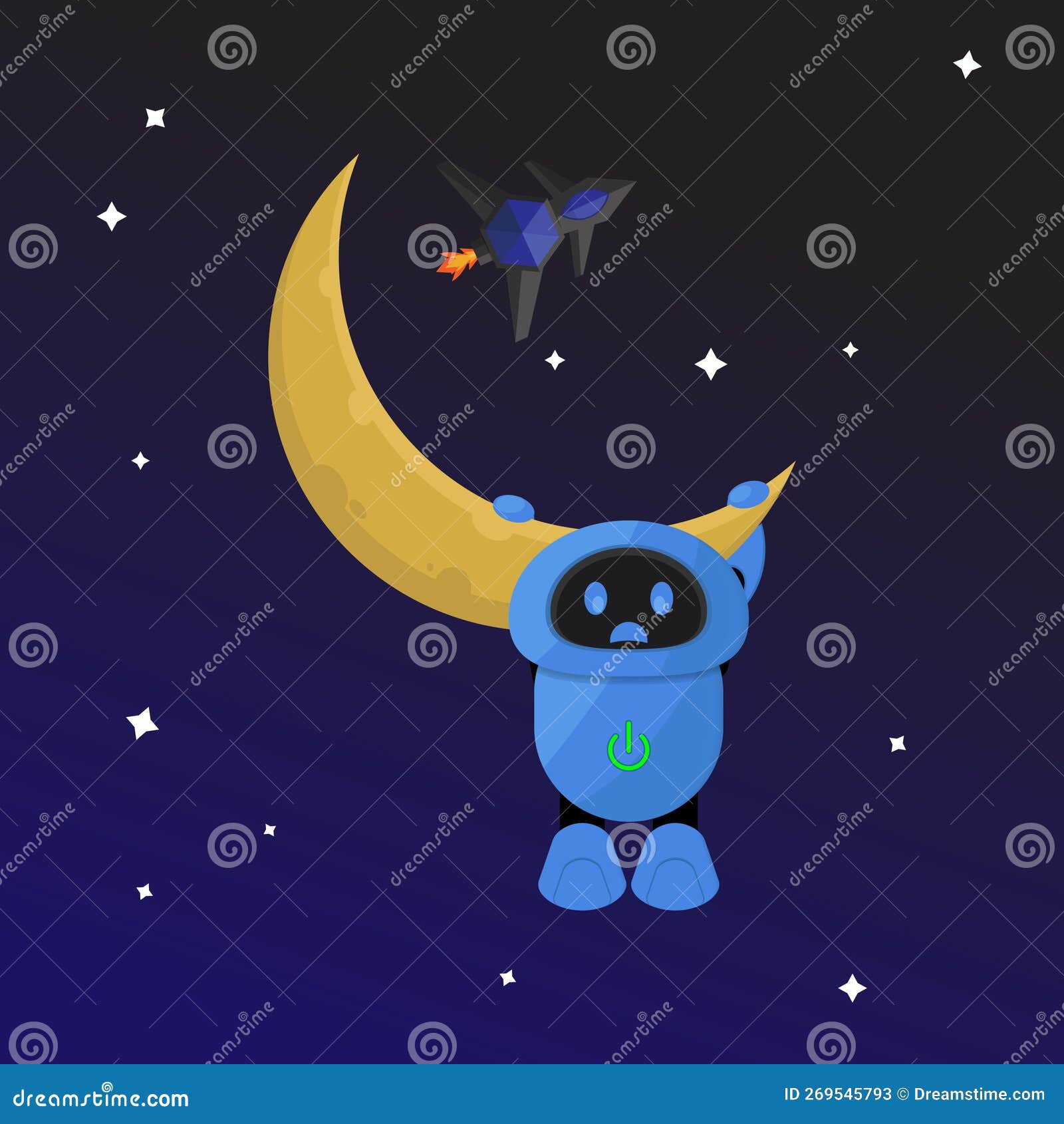 Vector Illustration of a Blue Robot Hanging on the Moon Stock Vector ...