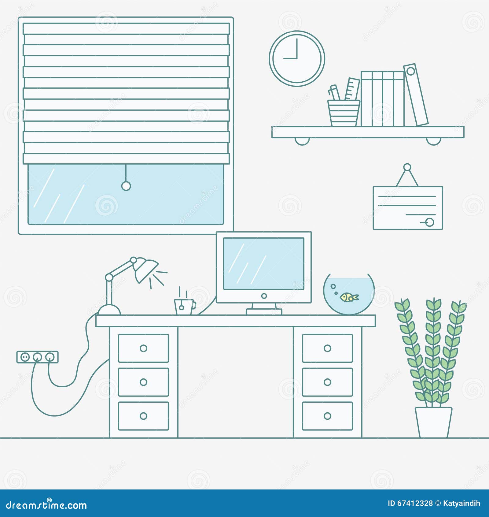 Vector Illustration of Boring Working Place. Office Interior. Line Flat ...