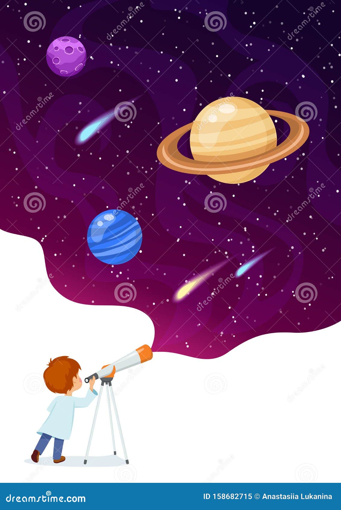 Boy observing the space stock vector. Illustration of comets - 158682715