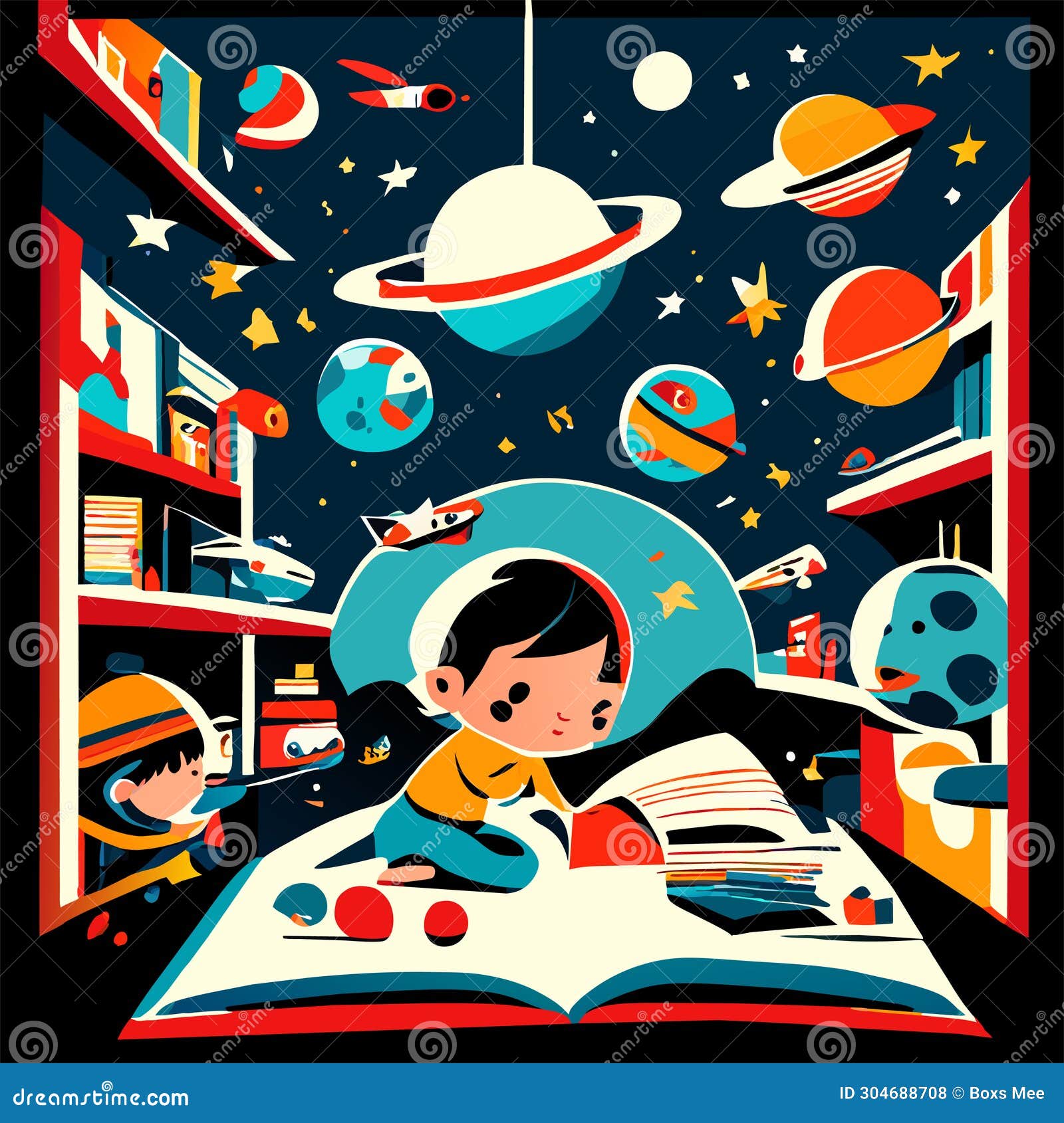 Vector Illustration of a Boy Reading a Book in the Night Sky ...