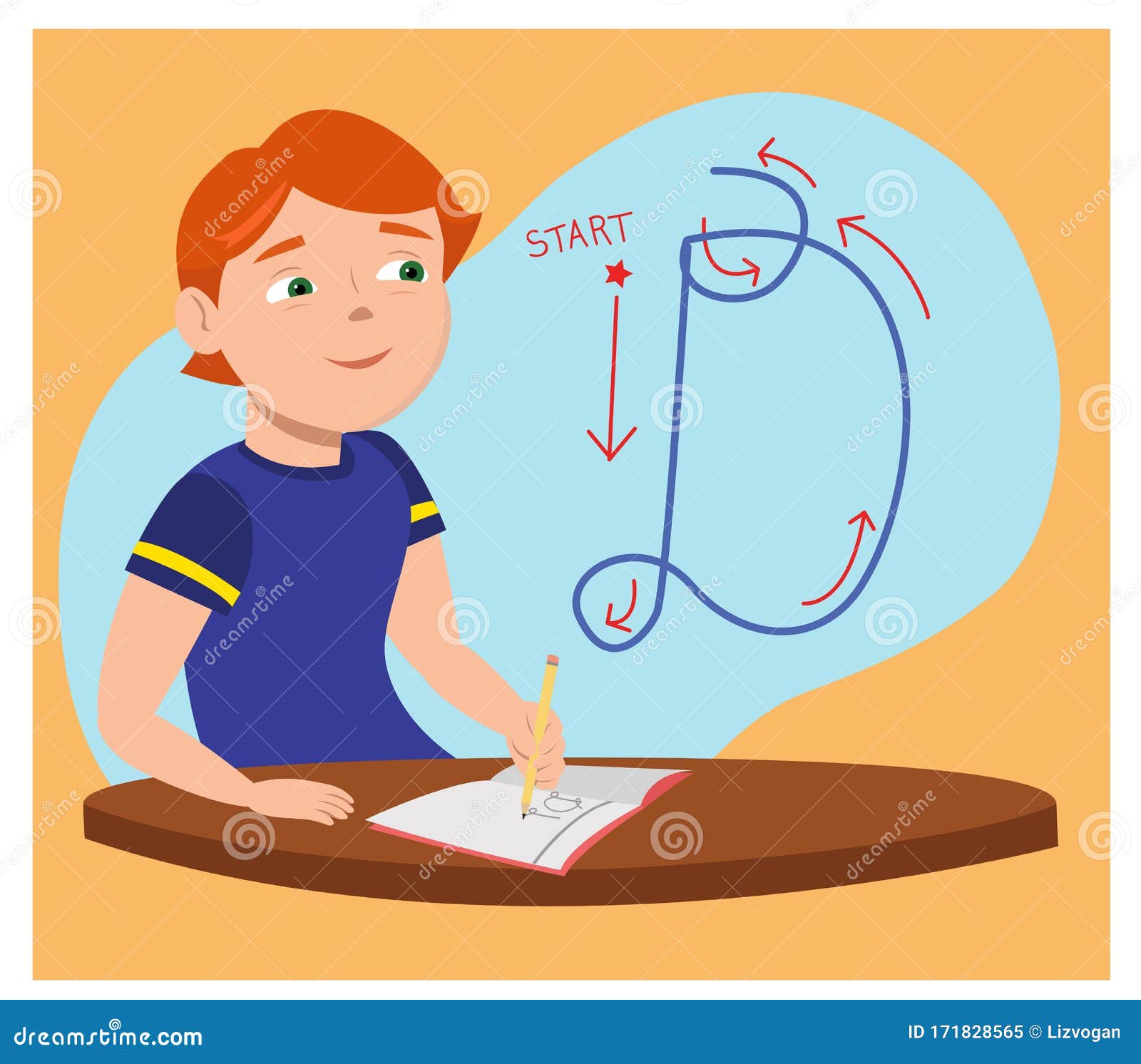 Vector Illustration Of A Boy Sitting At A Desk Writing Cursive Letters ...