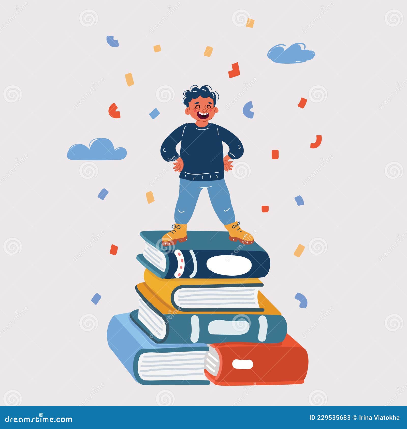 Vector Illustration of Boy Stand on Stack of Books Stock Vector ...