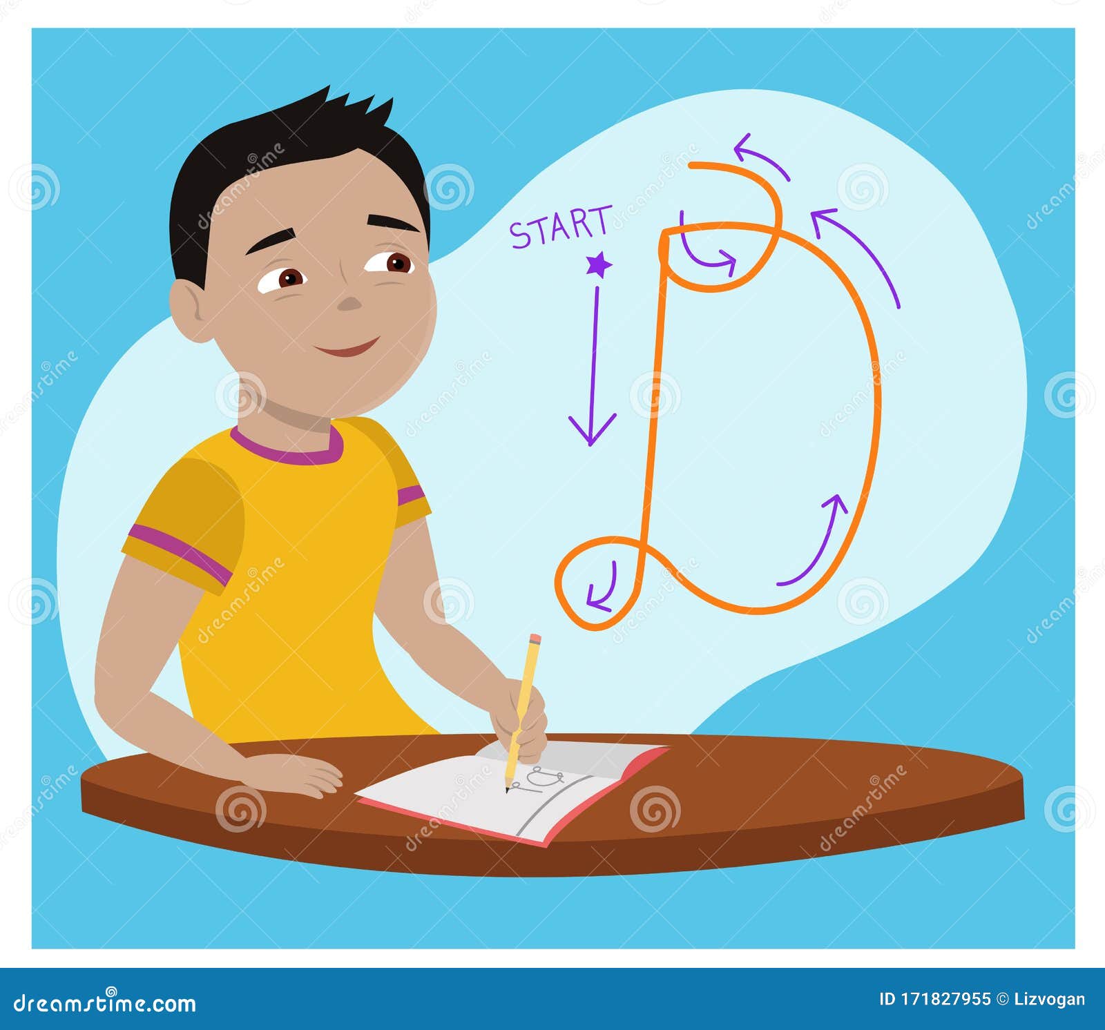 Vector Illustration of a Boy Writing Cursive Letters in a Notebook ...