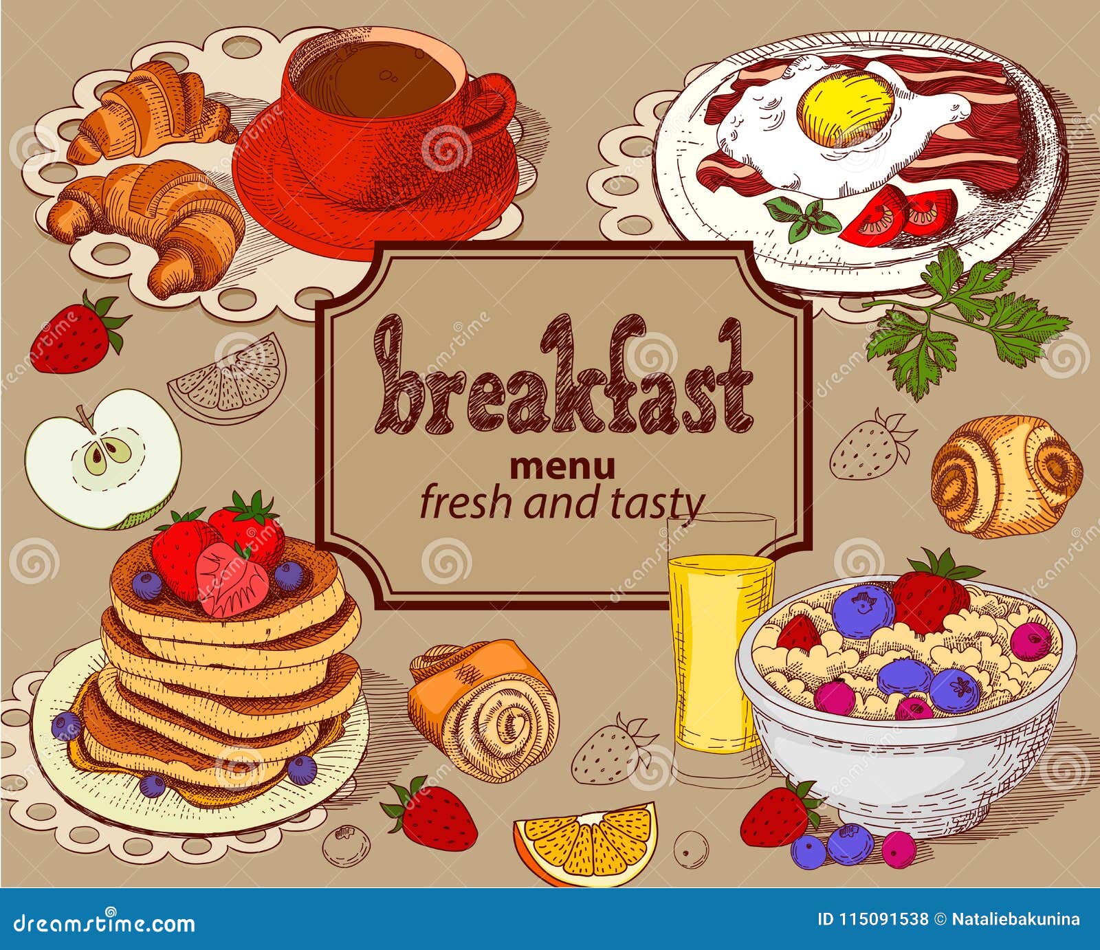 Colored Sketch Breakfast Menu. Stock Vector - Illustration of menu ...