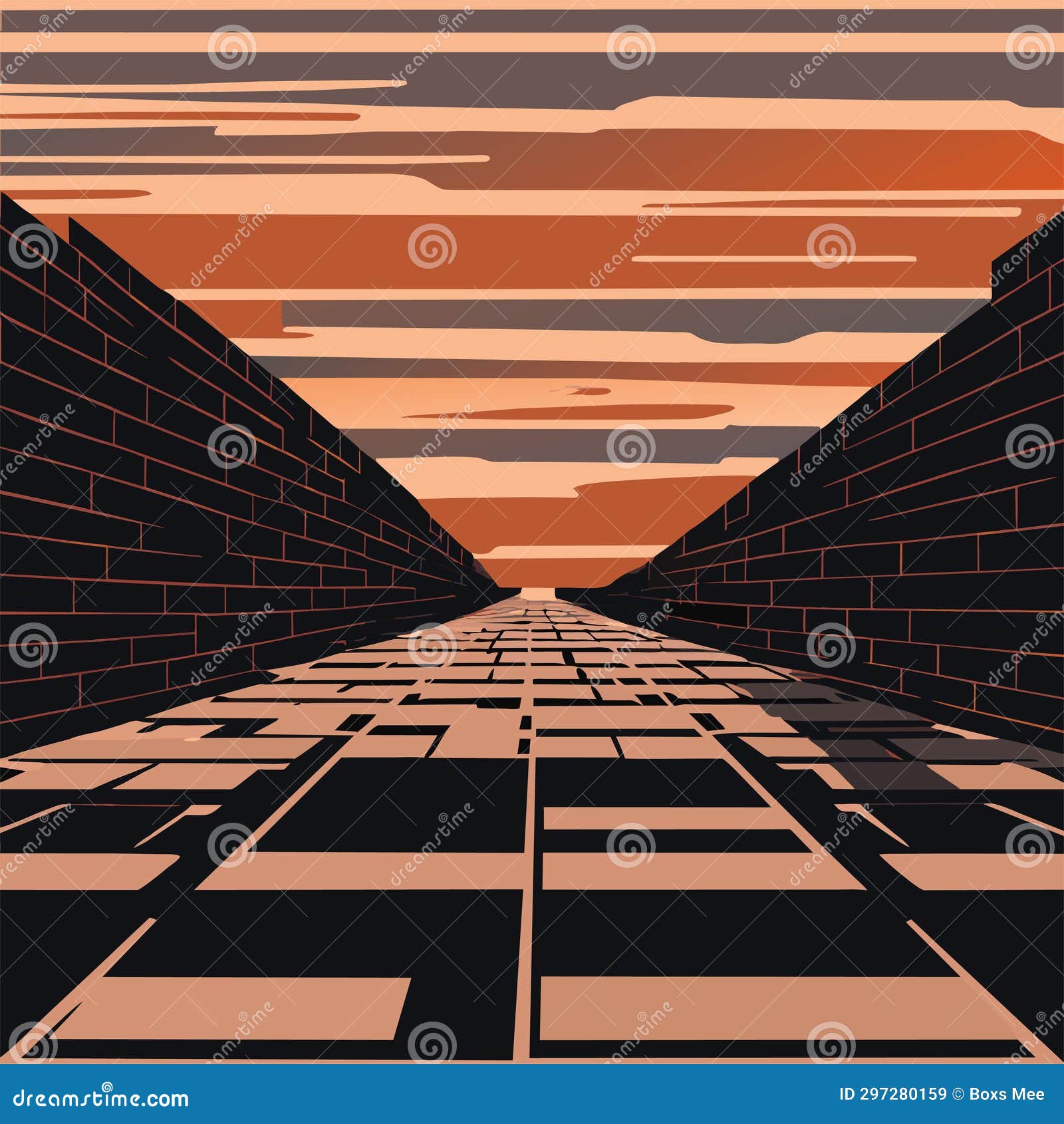 Vector Illustration of a Brick Wall and Road at Sunset. Modern ...