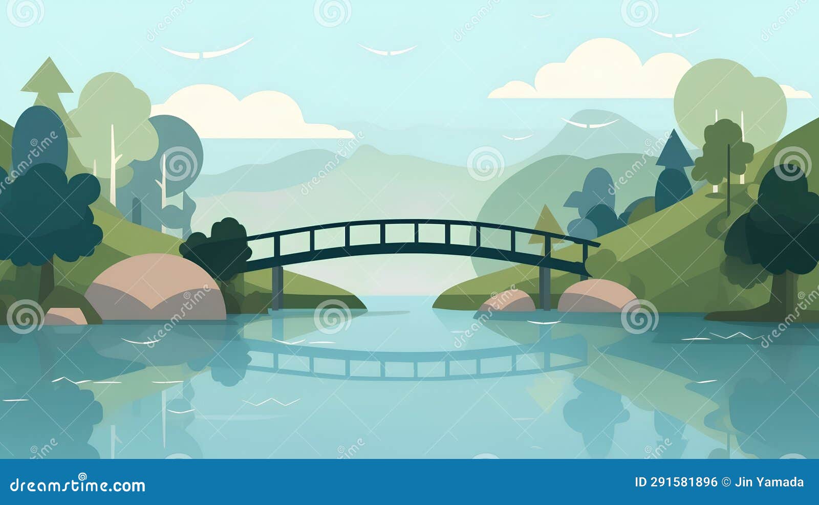 Vector Illustration of a Bridge Over a River in the Forest in Flat ...