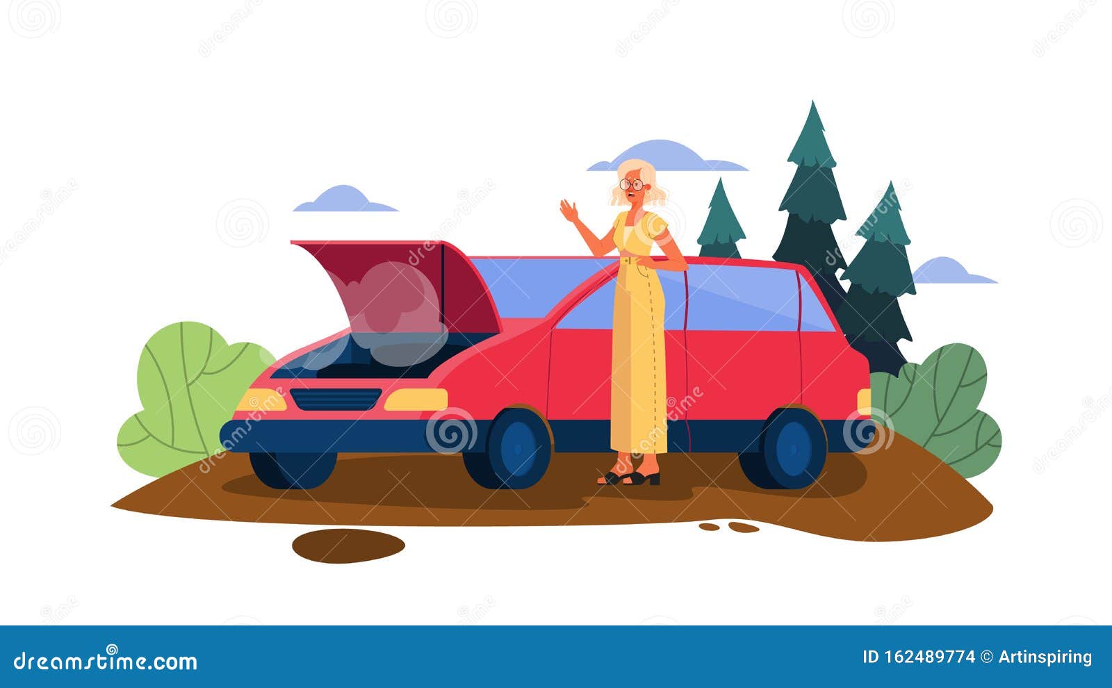 Vector Illustration with Broken Car on a Road. Stock Vector ...