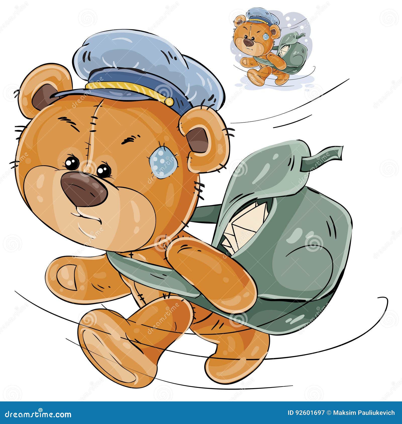 Vector Illustration of a Brown Teddy Bear Postman Hurrying, Carrying a ...