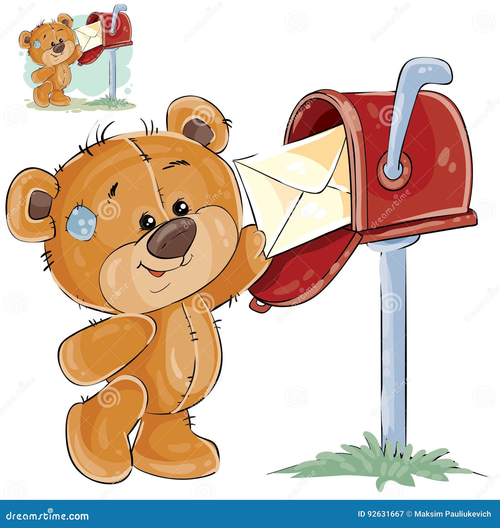 Vector Illustration Of A Brown Teddy Bear Takes From A Mailbox The ...