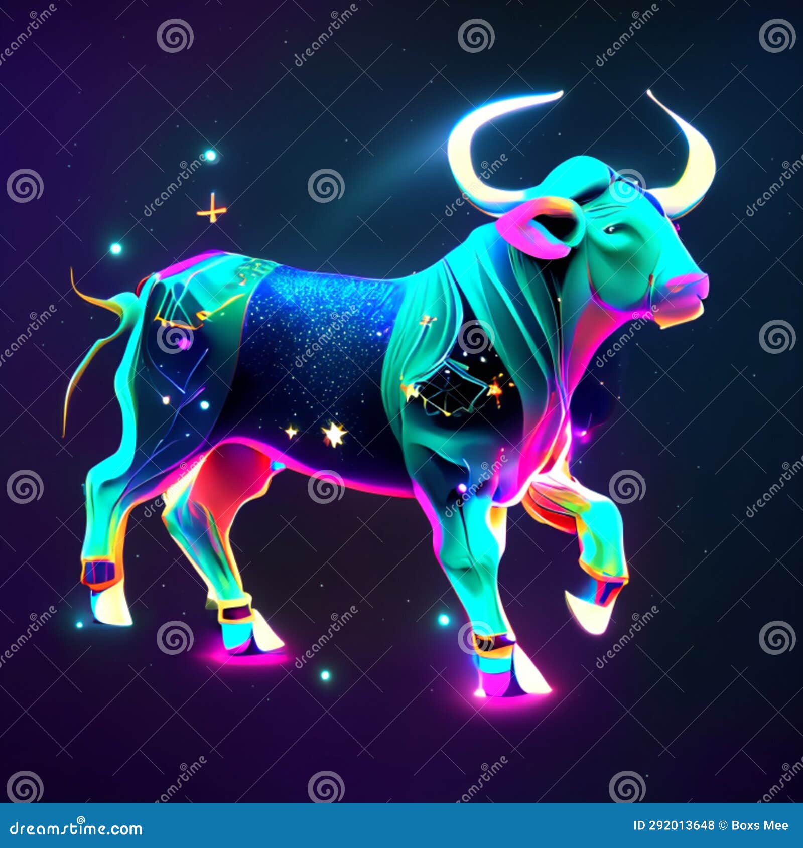Vector Illustration of a Bull in Neon Style on a Dark Background. AI ...