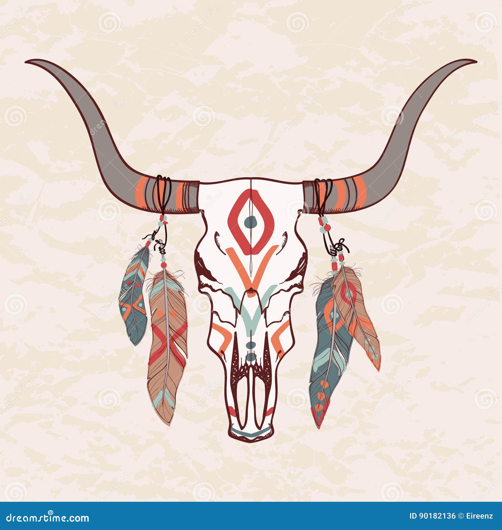 Vector Illustration of Bull Skull with Feathers Stock Vector ...