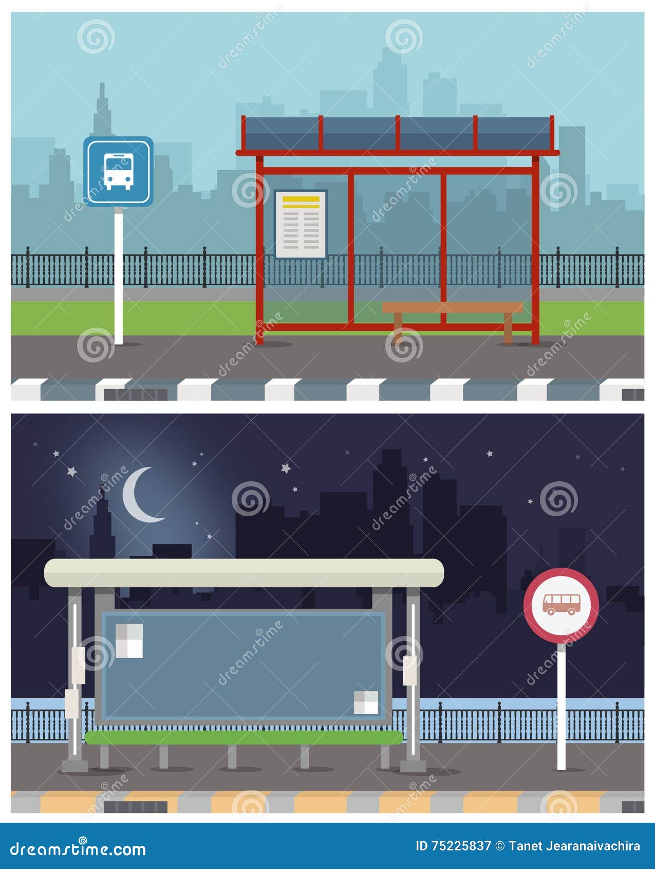 Vector Illustration of Bus Stop with City Skyline Stock Vector ...