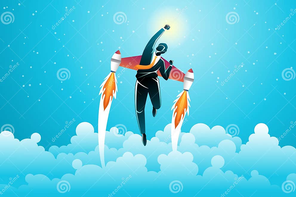 Vector Illustration of Businessman Flying with a Jet Backpack Stock ...