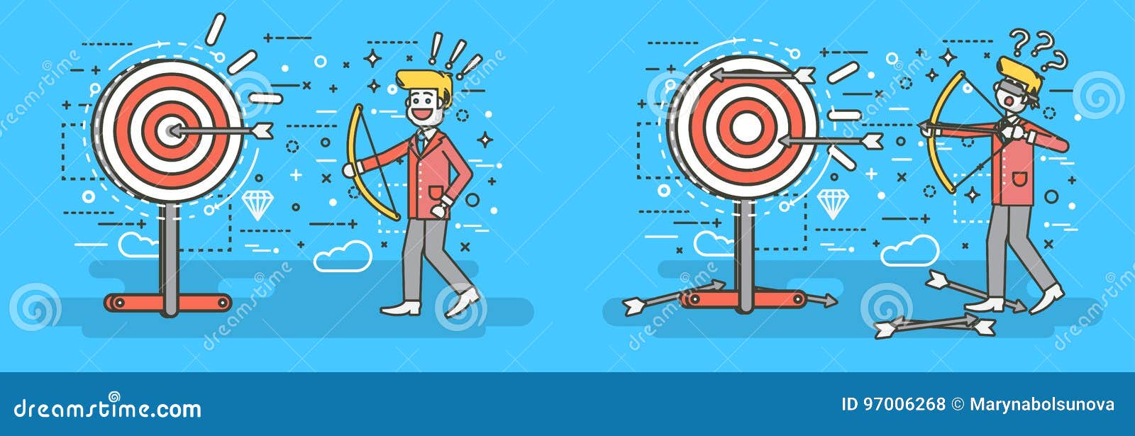 Vector Illustration Businessman Hits Target Unsuccessful and Successful ...