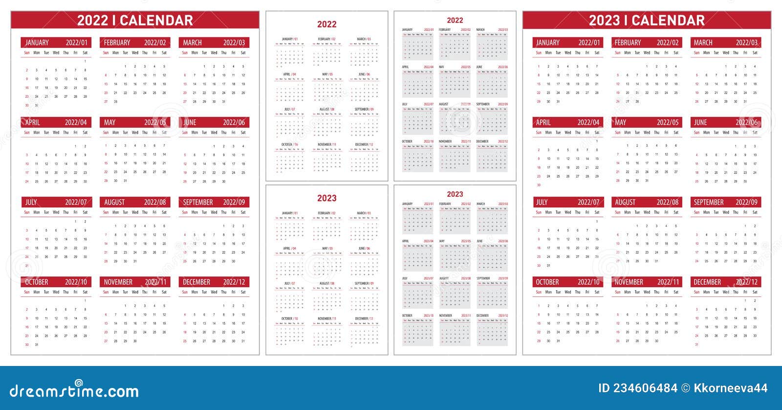 Vector Illustration of Calendars for 2022 and 2023, Start of Week on ...