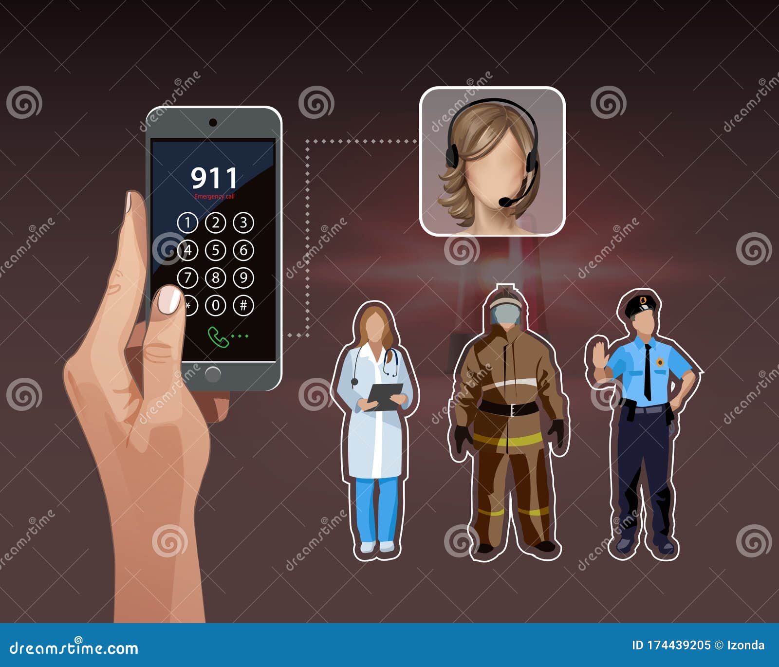 Vector Illustration of Calling 911. Doctor, Firefighter, Policeman ...