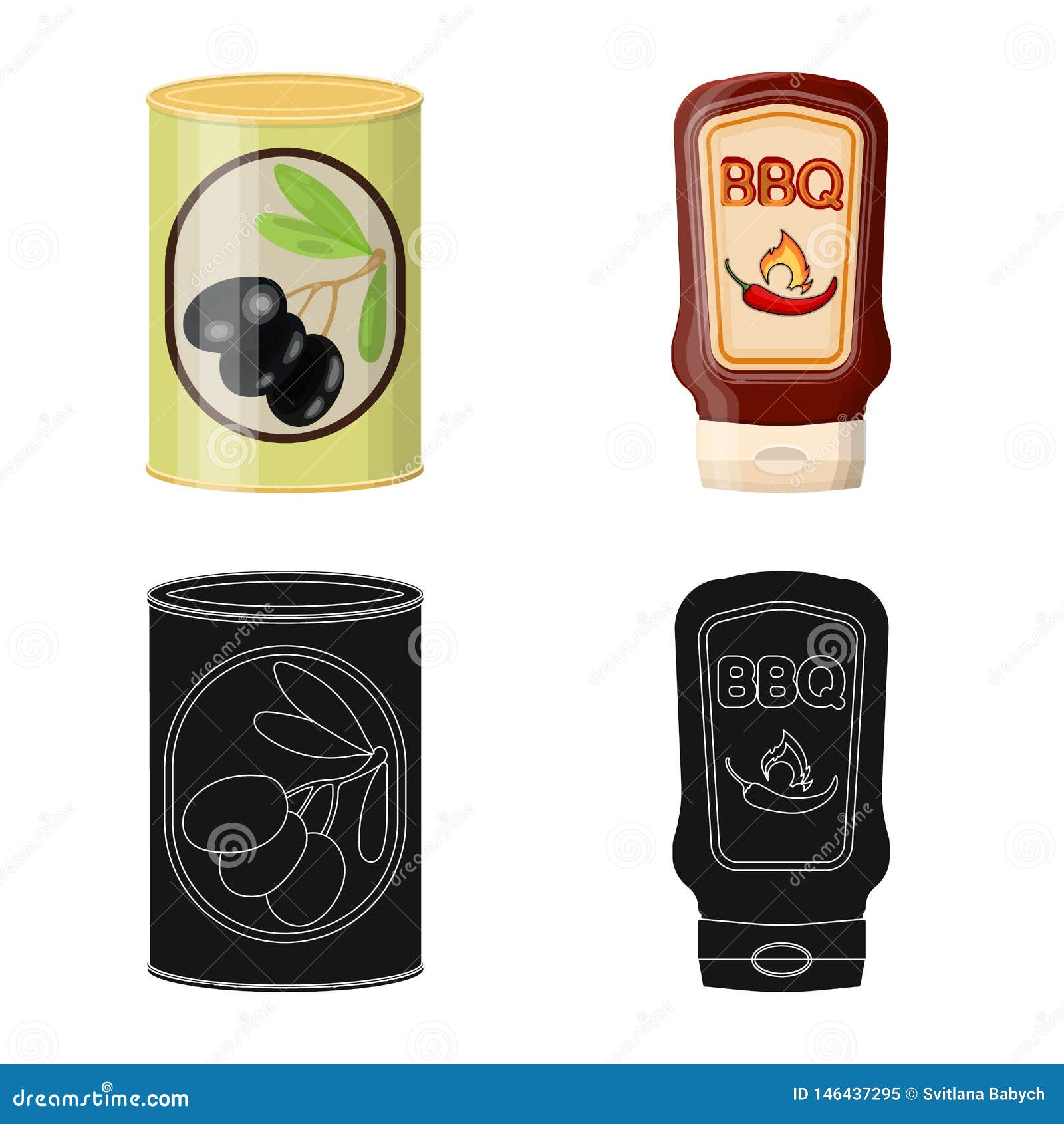 Vector Illustration of Can and Food Icon. Set of Can and Package Stock ...