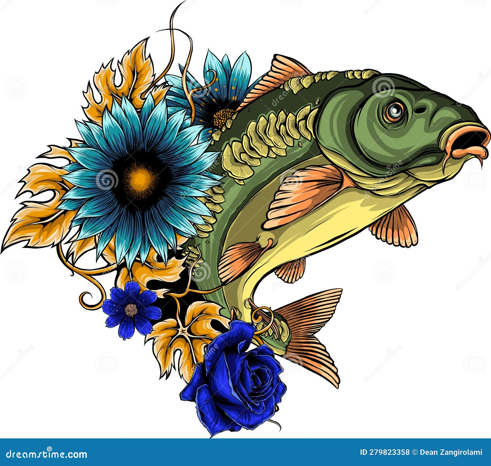 Vector Illustration of Carp and Flowers Design Stock Illustration ...