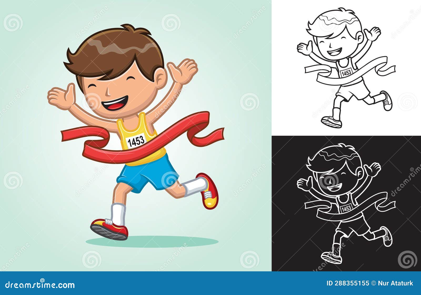 Vector Illustration of Cartoon Boy Winning First Place in Running Race ...