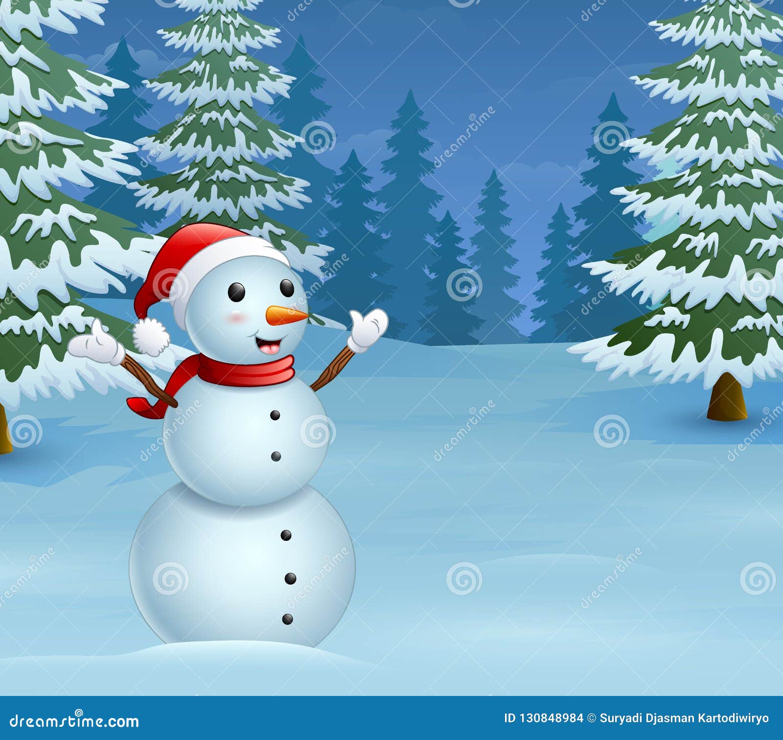 Cartoon Christmas Snowman with Snowy Pine Trees Stock Vector ... Cartoon Christmas Snowman with Snowy Pine Trees Stock Vector ...