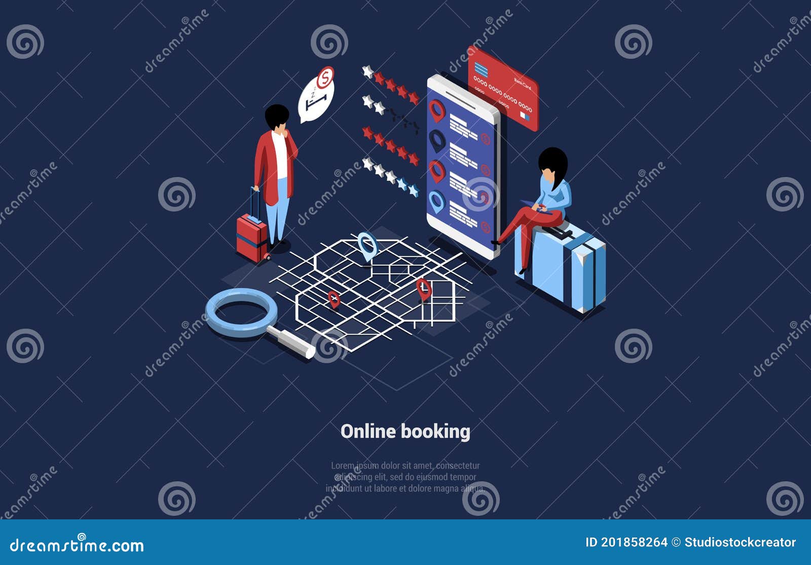 Vector Illustration in Cartoon 3D Style on Dark Background. Isometric ...