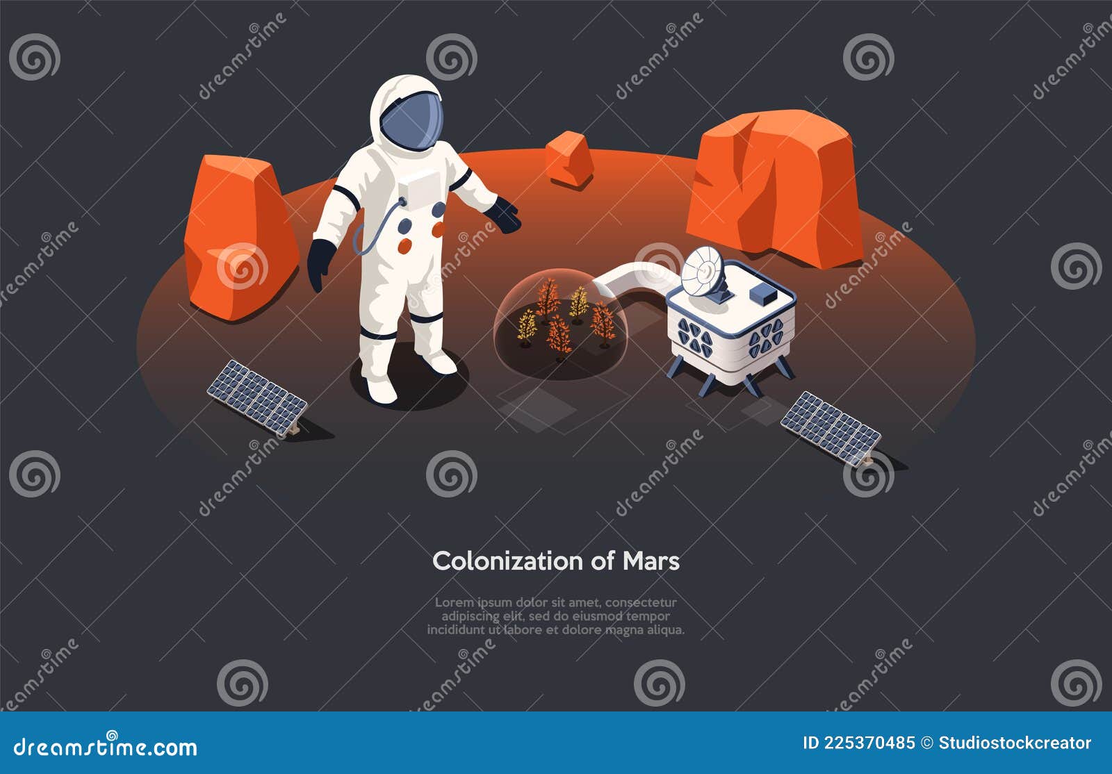 Vector Illustration in Cartoon 3D Style. Isometric Composition on Mars ...