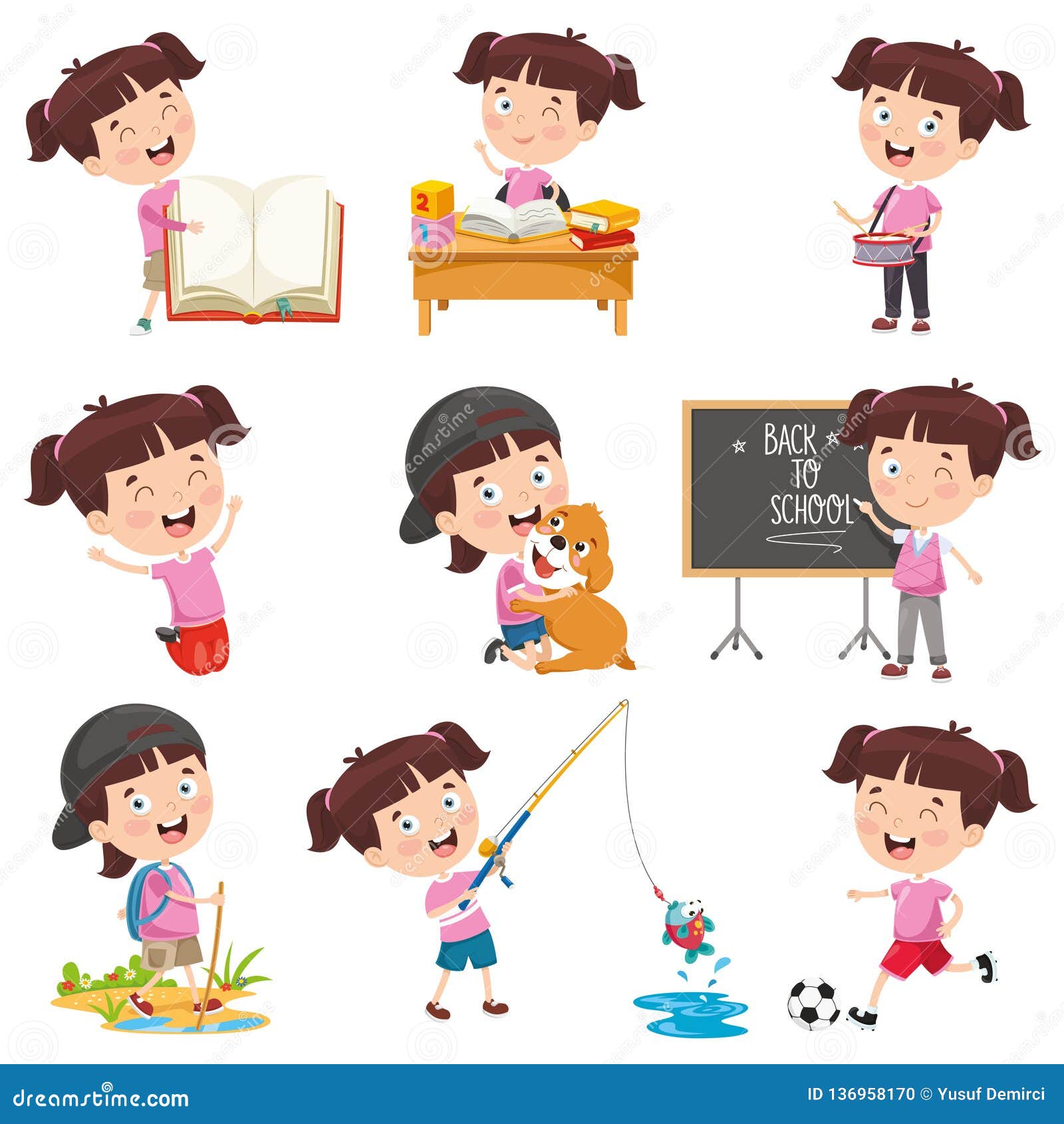 Vector Illustration Of Cartoon Girl Doing Various Activities ...