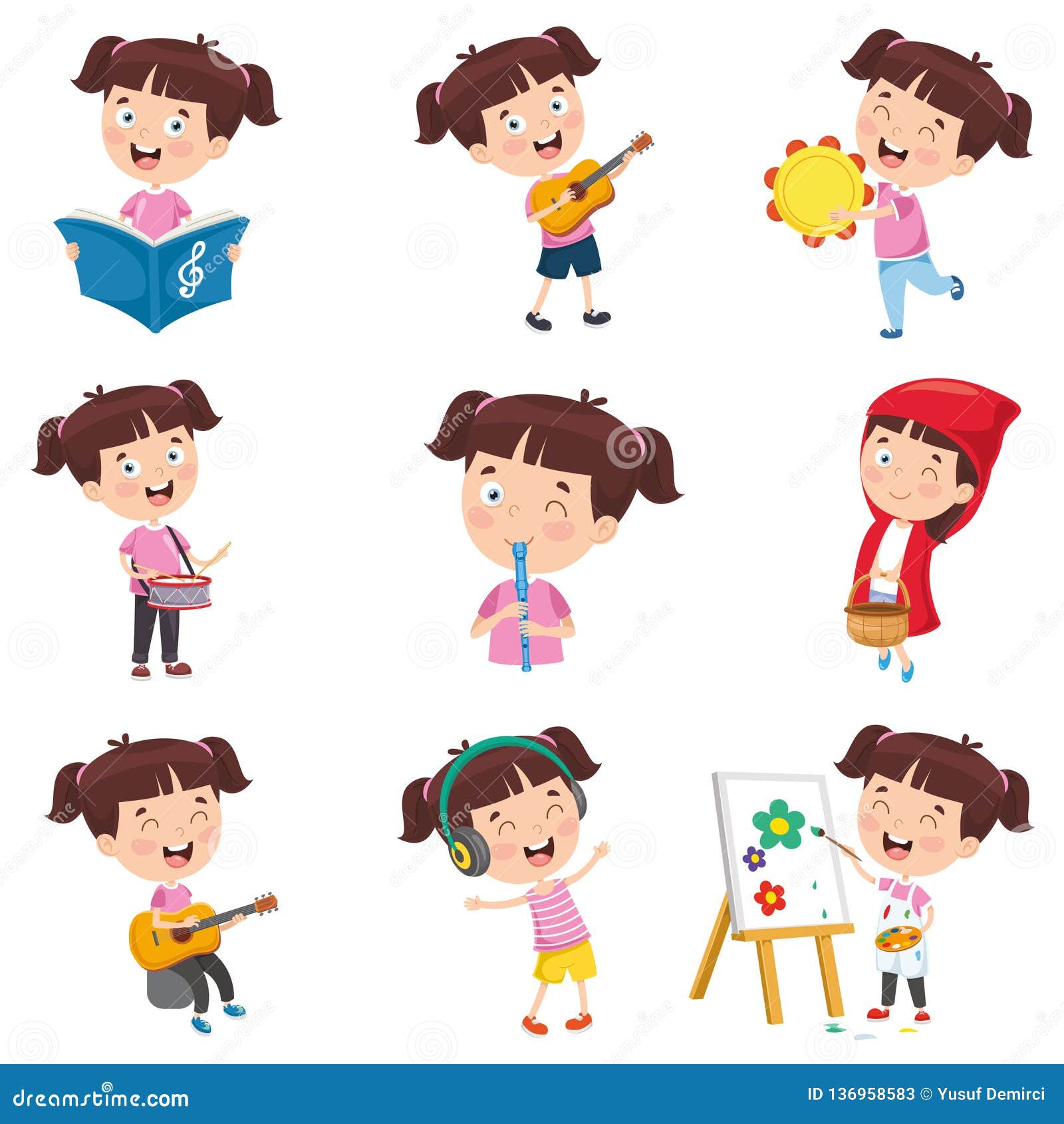 Vector Illustration of Cartoon Girl Doing Various Activities Stock ...