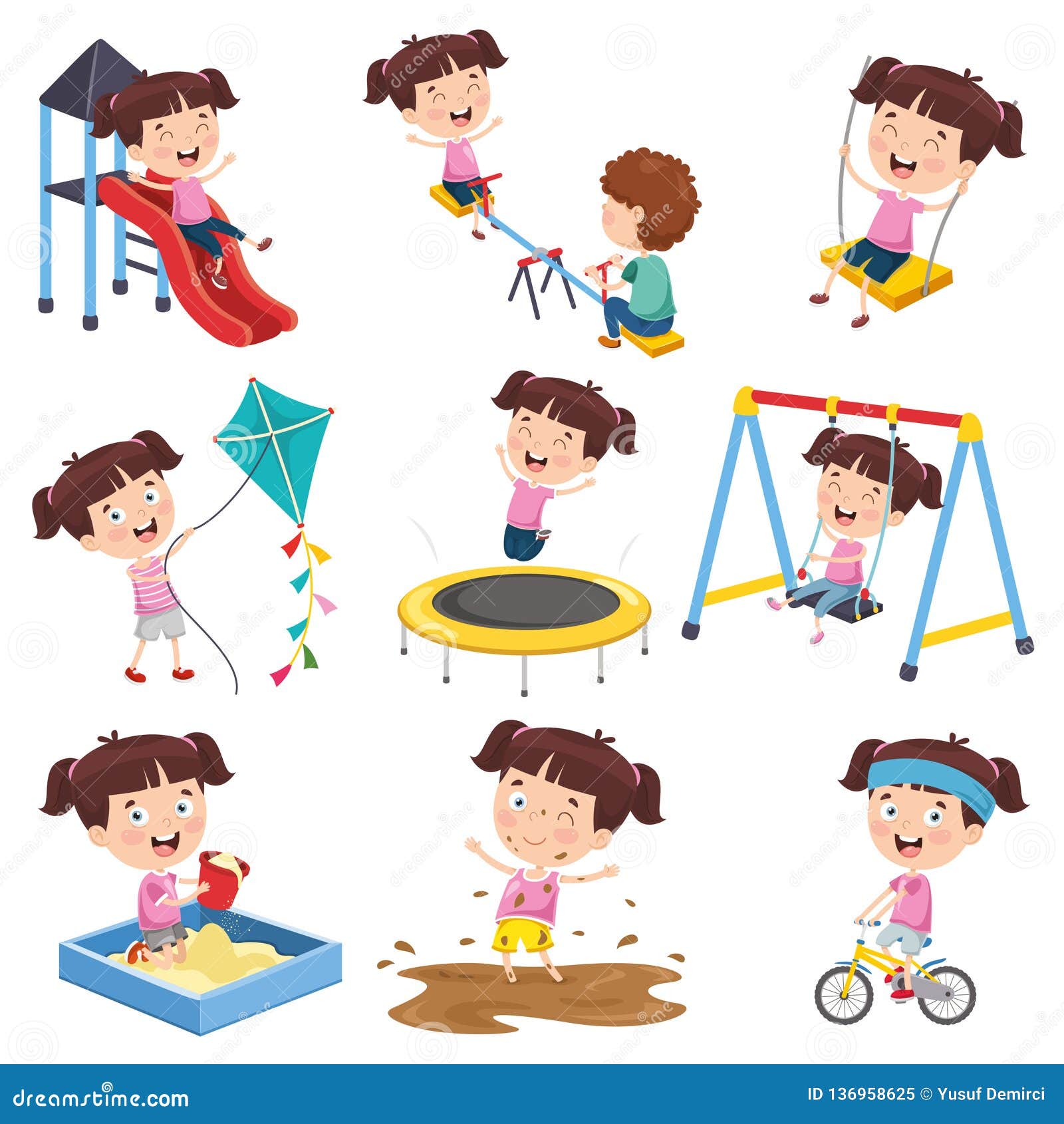 Vector Illustration of Cartoon Girl Doing Various Activities Stock ...