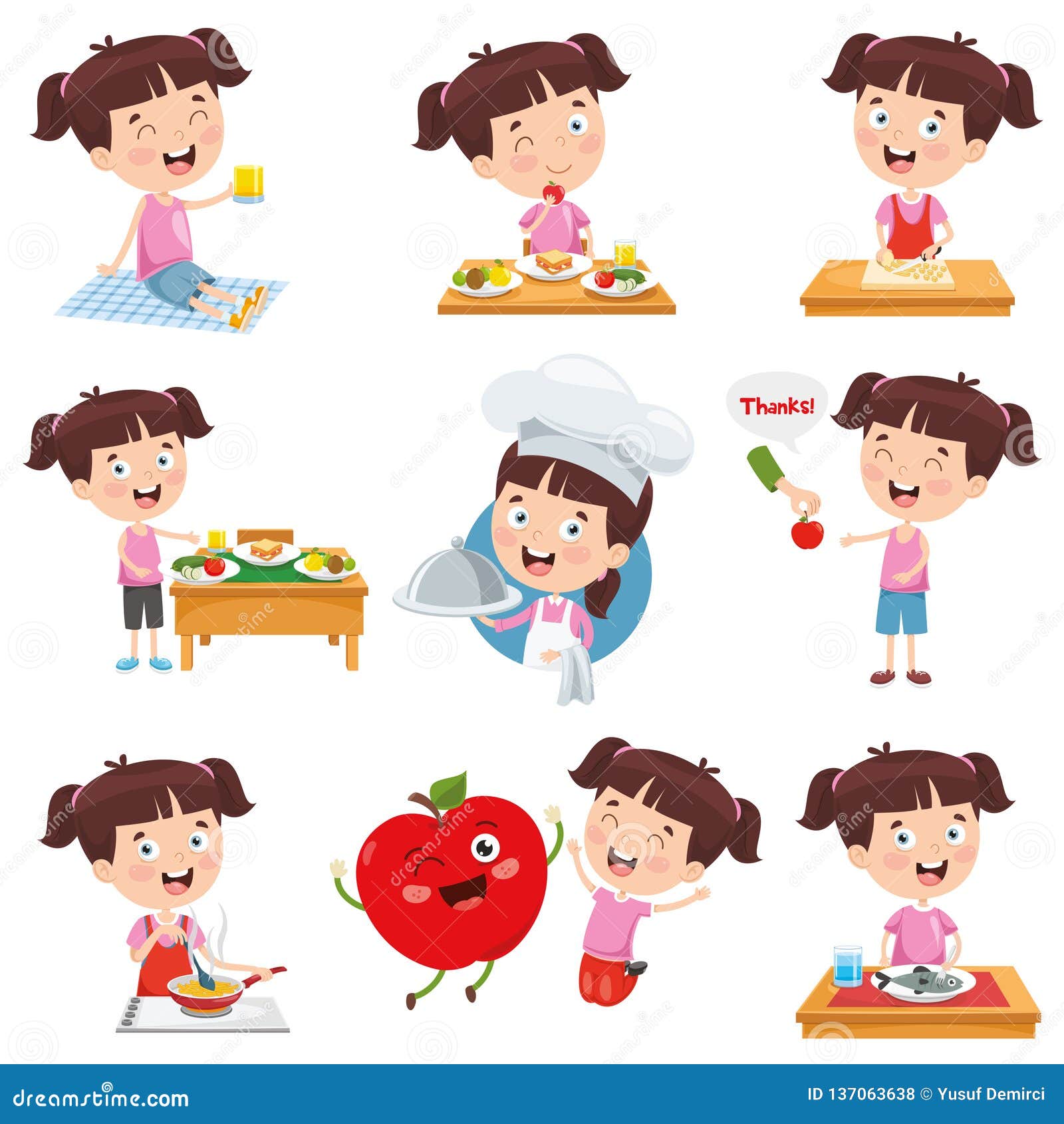 Vector Illustration of Cartoon Girl Doing Various Activities Stock ...