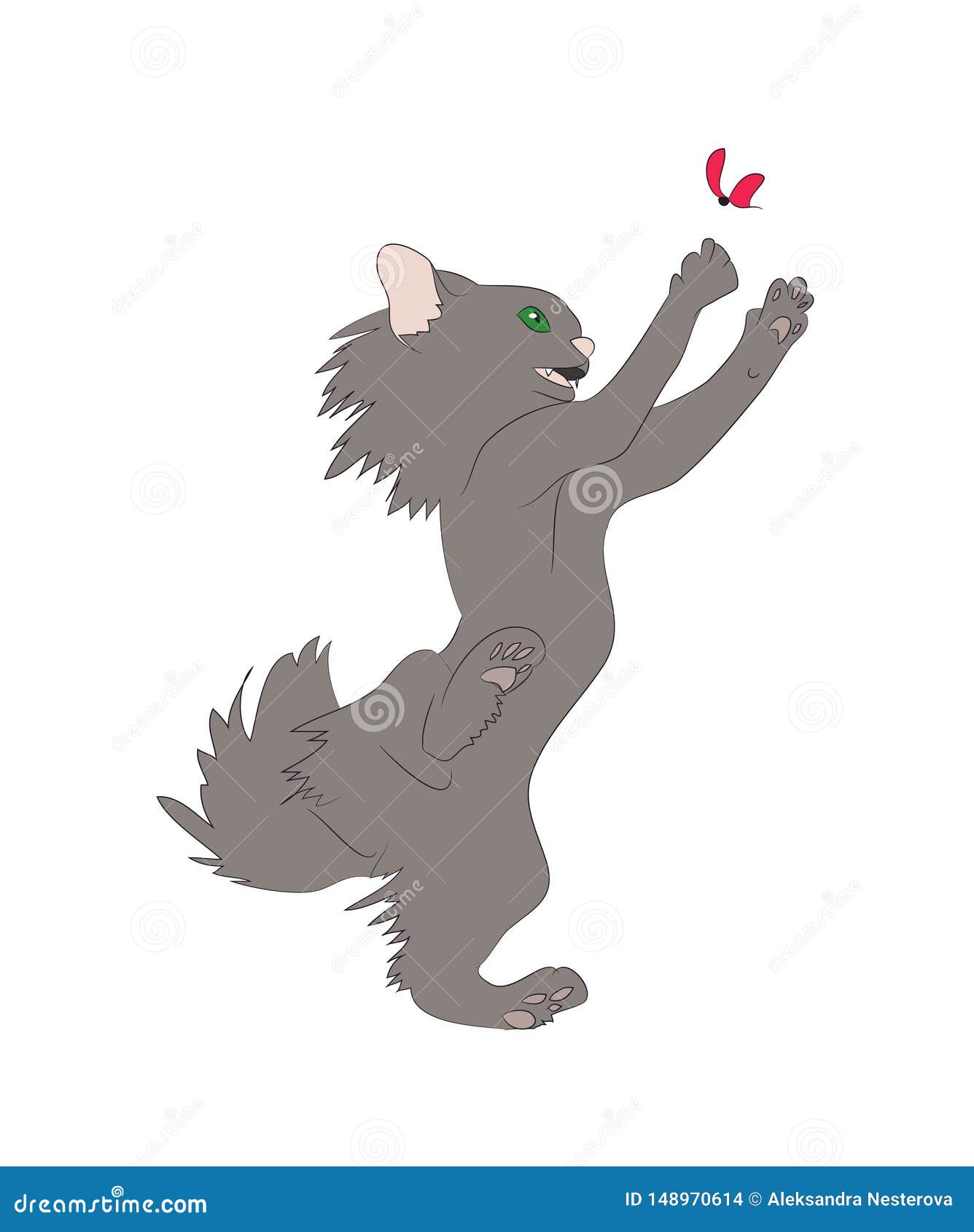 Vector Illustration of a Cat that Hunts for a Butterfly, Drawing Color ...