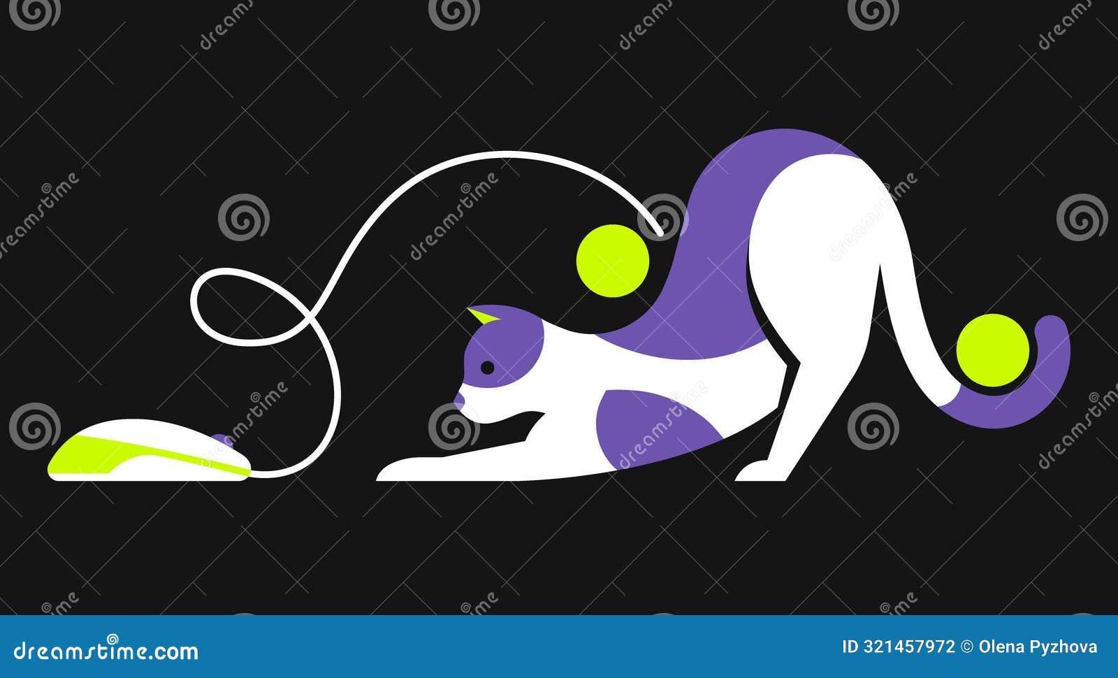 Vector Illustration of a Cat Playing with Computer Mouse and Balls ...