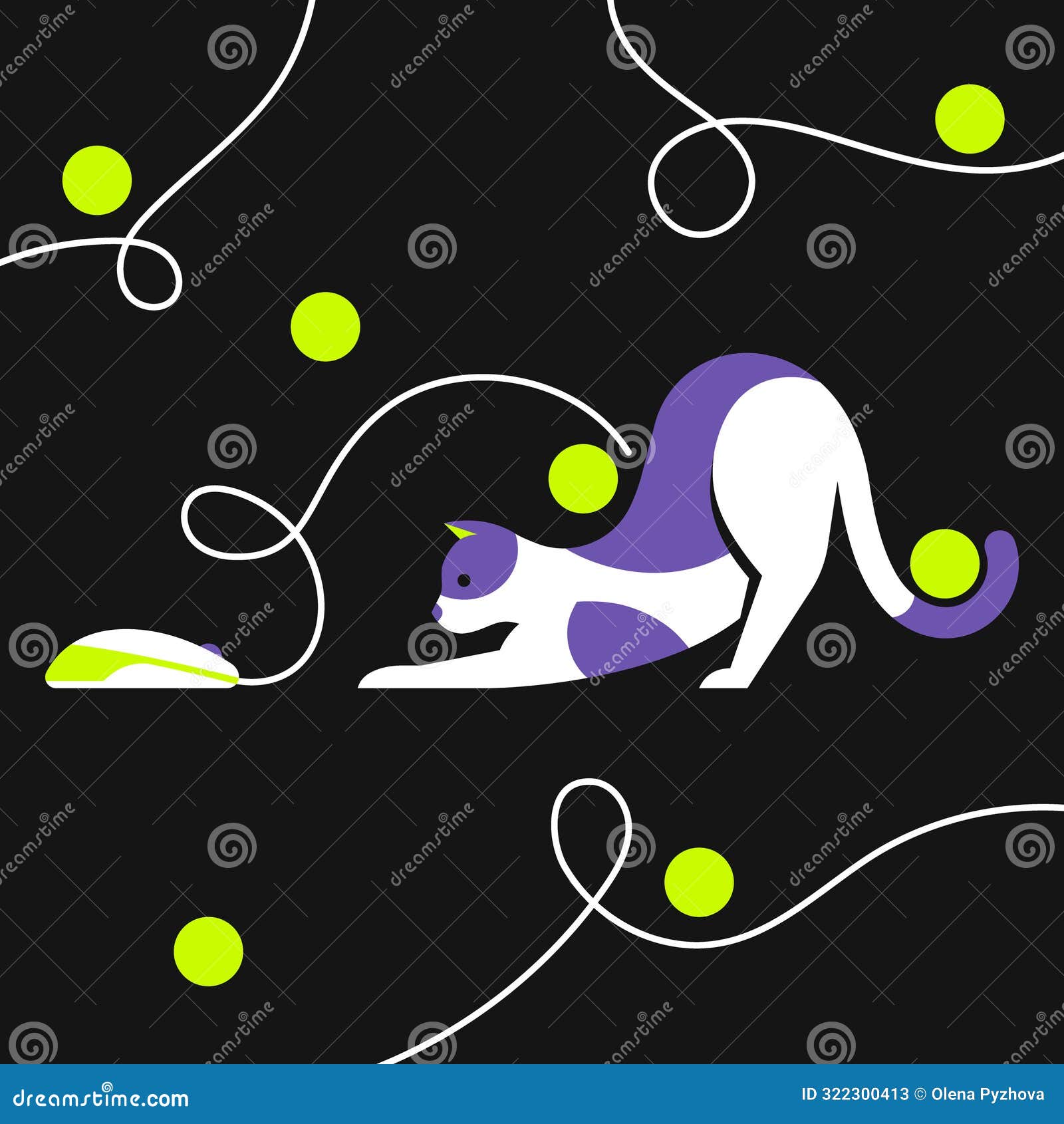 Vector Illustration of a Cat Playing with Computer Mouse and Balls ...