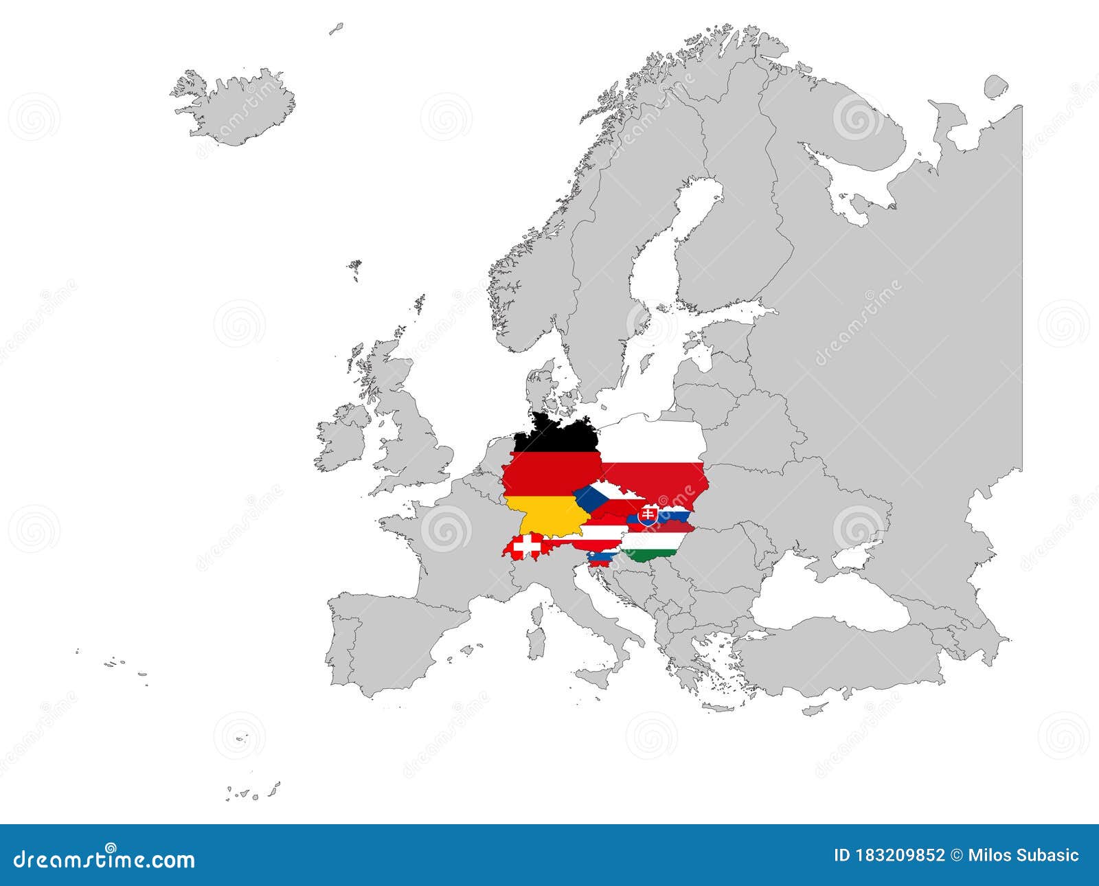 Central Europe Countries with National Flag on Gray Europe Map Stock ...
